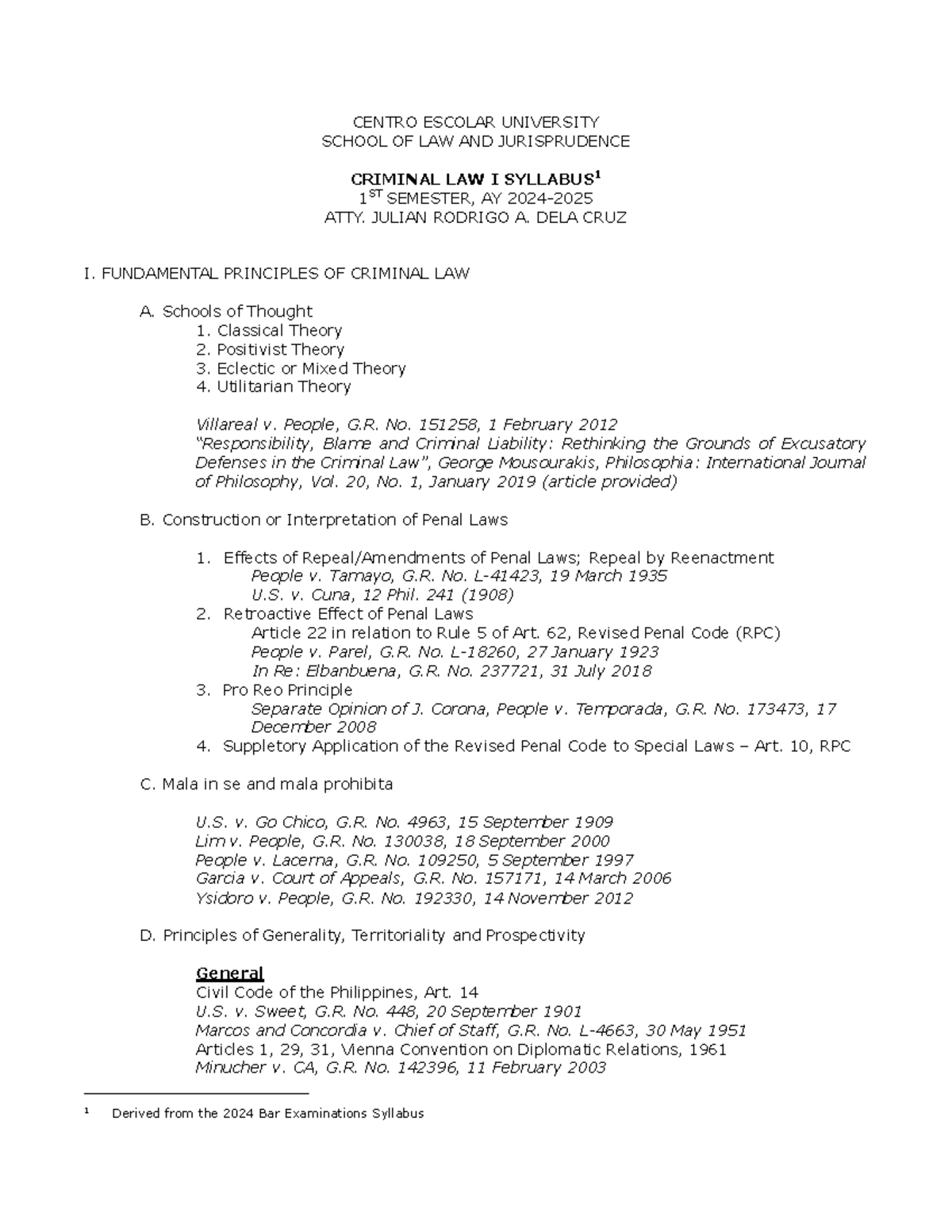 New Updated Criminal Law I Course Syllabus AY24 25 - CENTRO ESCOLAR ...