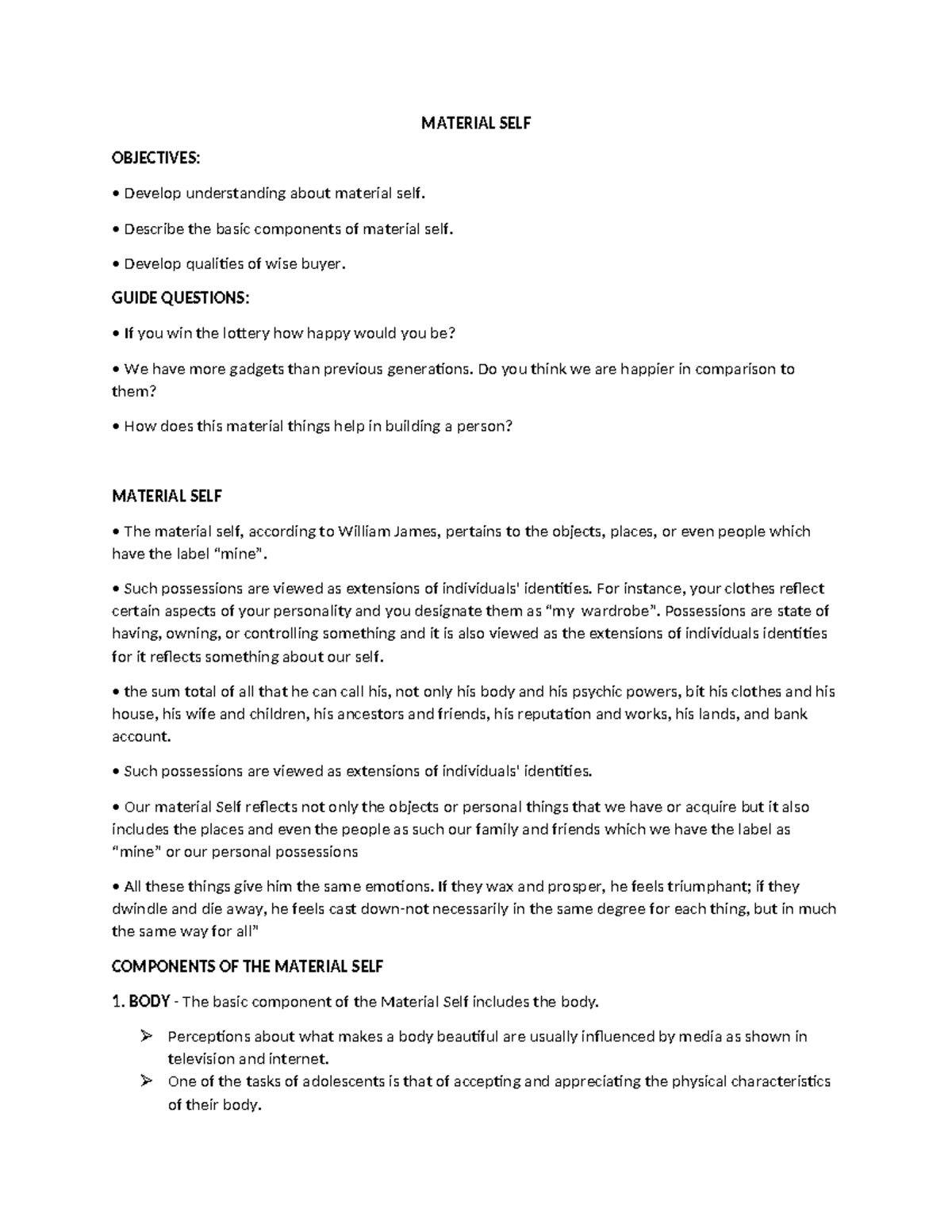 Material SELF - MATERIAL SELF OBJECTIVES: Develop understanding about ...