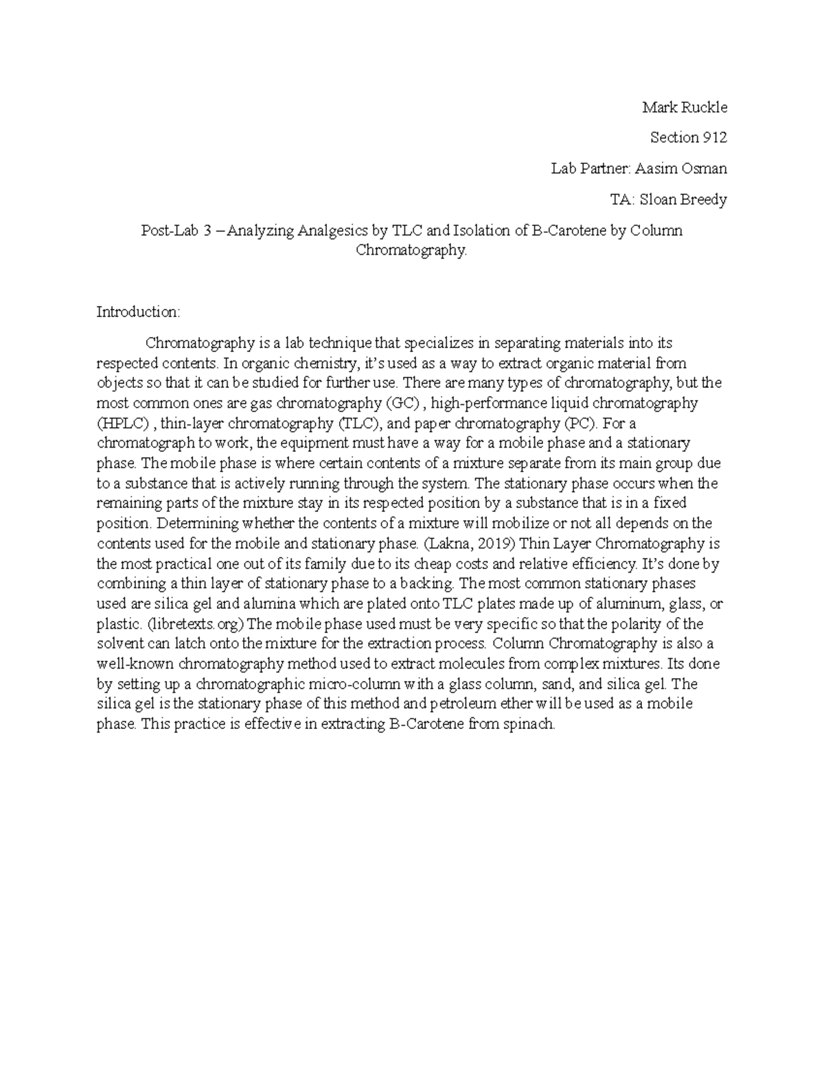 Post Lab 3 - Post Lab 3 Organic Chem 1 USF - Mark Ruckle Section 912 ...