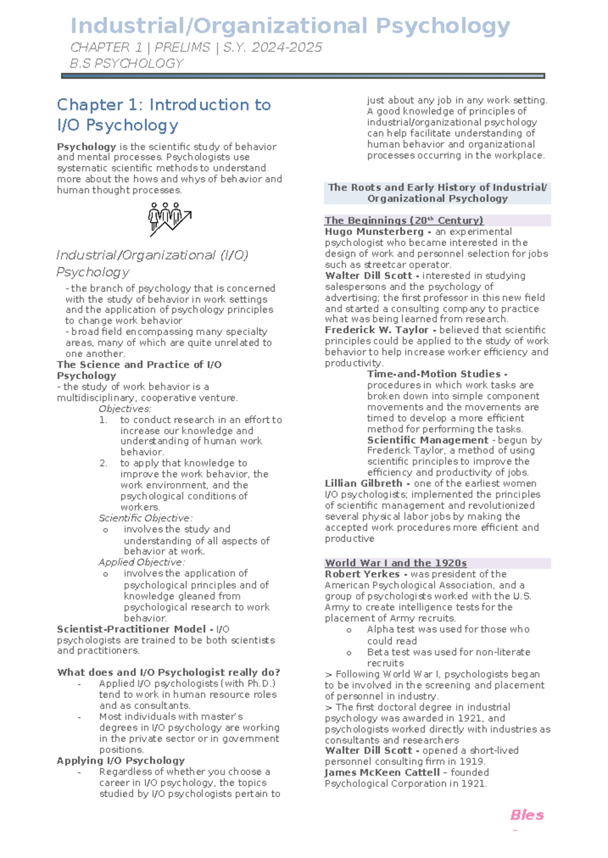 IOP - Chapter 1 - Summary Introduction to Industrial/Organizational Psychology - - Studocu
