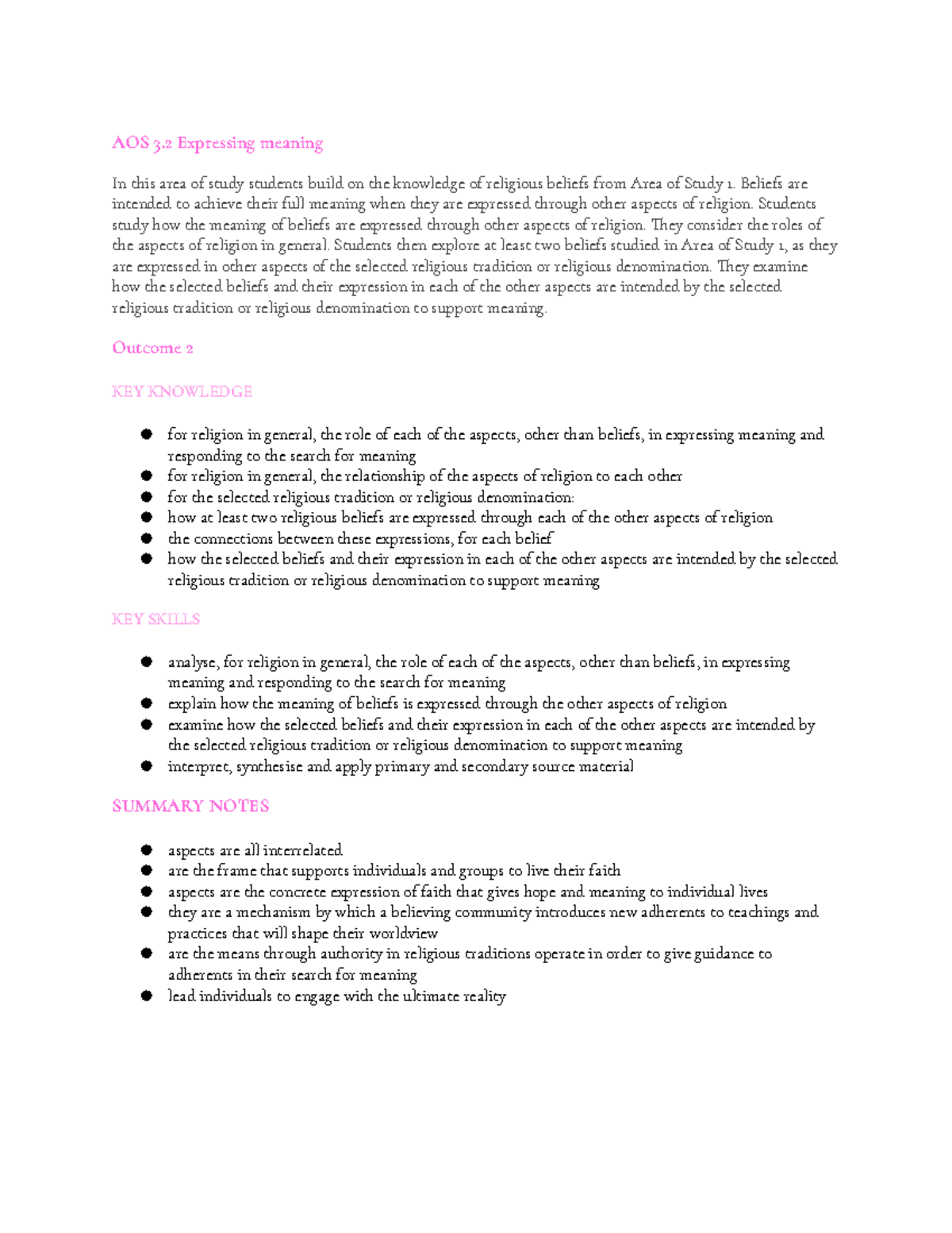 Religion UNIT 3 AOS 2 Notes - AOS 3 Expressing meaning In this area of ...