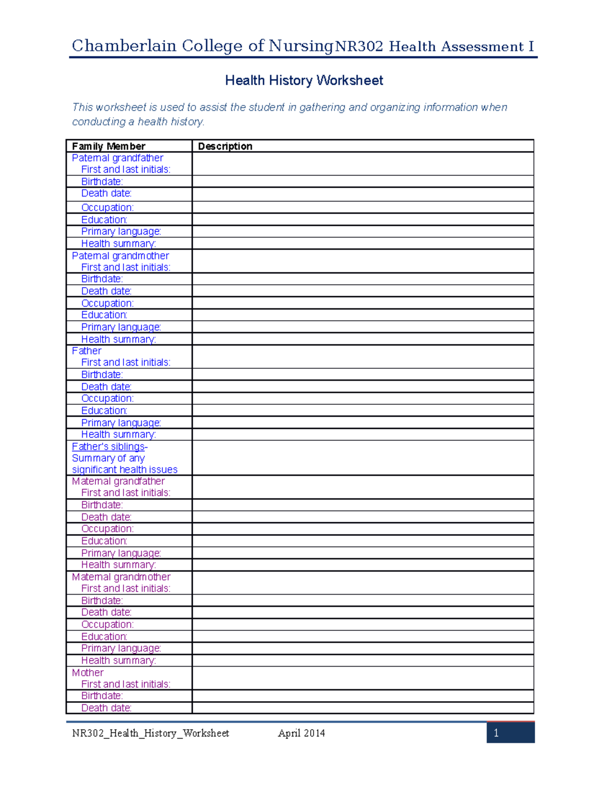 NR302 Health History Worksheet - Chamberlain College of NursingNR302 ...
