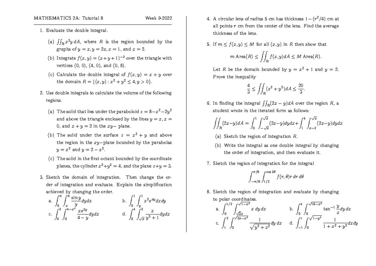 Adpro 8 22 - methametics good for practice - MATHEMATICS 2A: Tutorial 8 ...