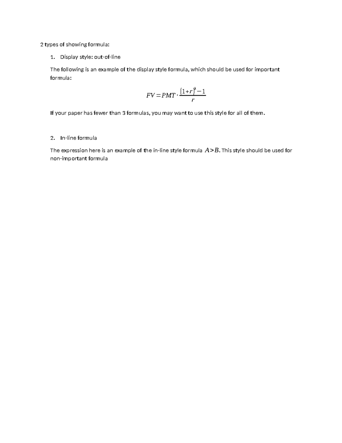 Formula example - MATH 1030Q - 2 types of showing formula: 1. Display ...