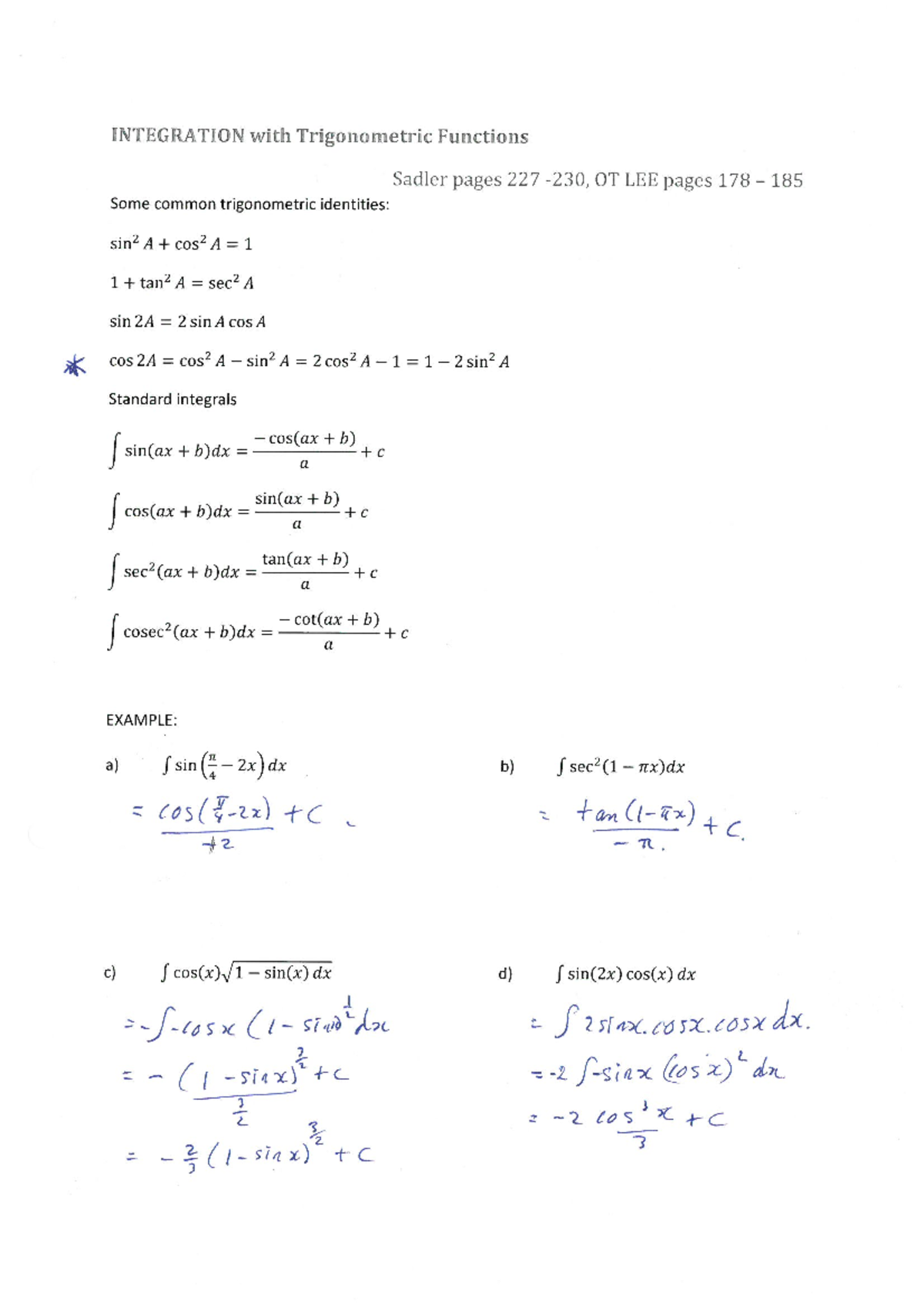8Lesson 3 Integration with Trigonometric Functions Solutions - MATH1722 ...