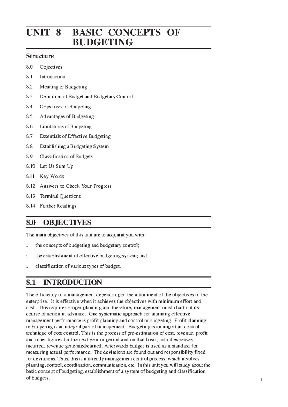 Block-3 MCO-5 Unit-3 - Useful - UNIT 8 BASIC CONCEPTS OF BUDGETING Structure 8 Objectives 8 ...