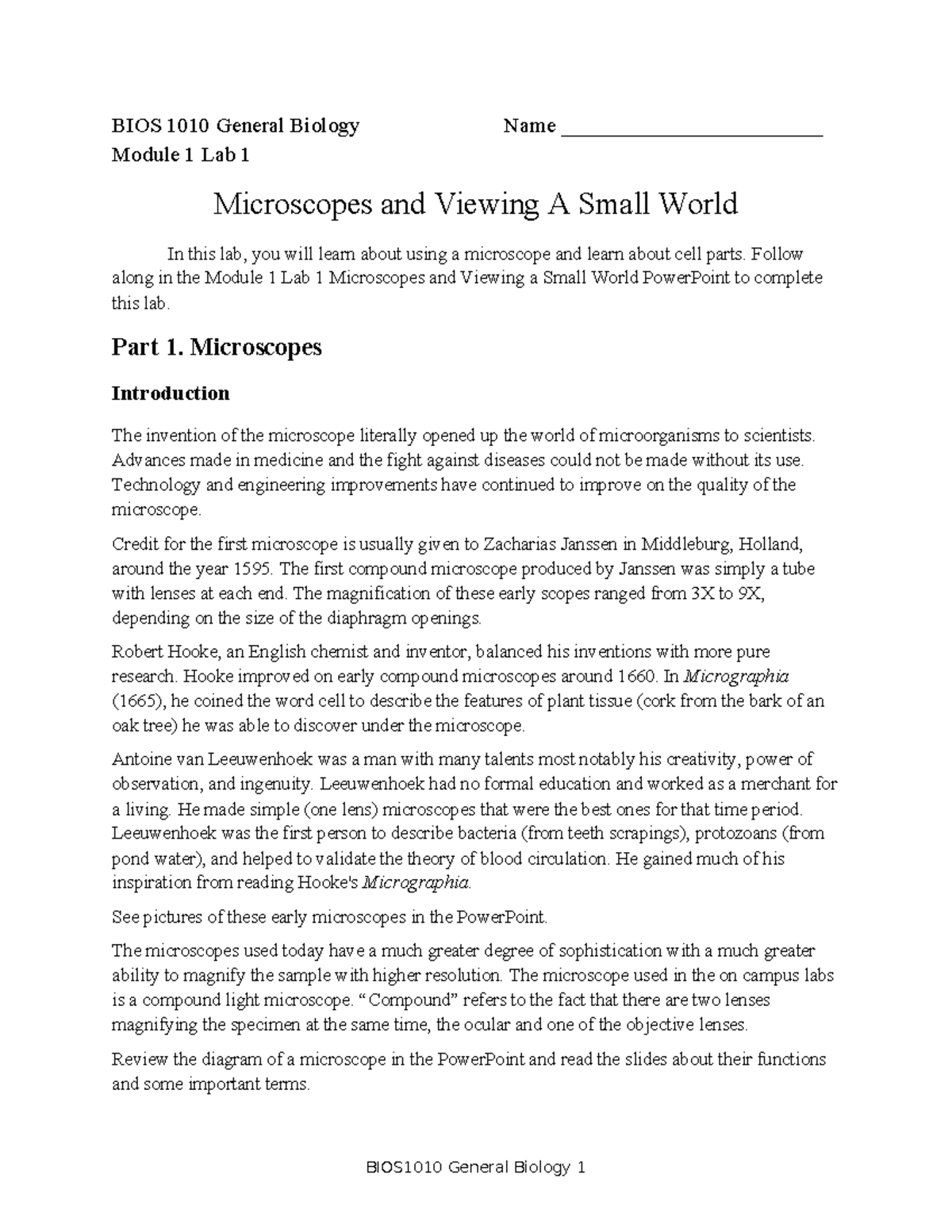 Module 1 Lab 1 Microscopes and Viewing a Small World Online FA21 - BIOS ...