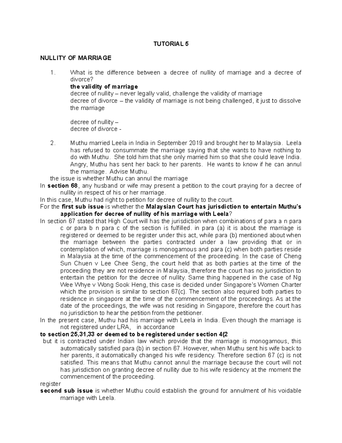Tutorial 5 - family law - TUTORIAL 5 NULLITY OF MARRIAGE What is the ...