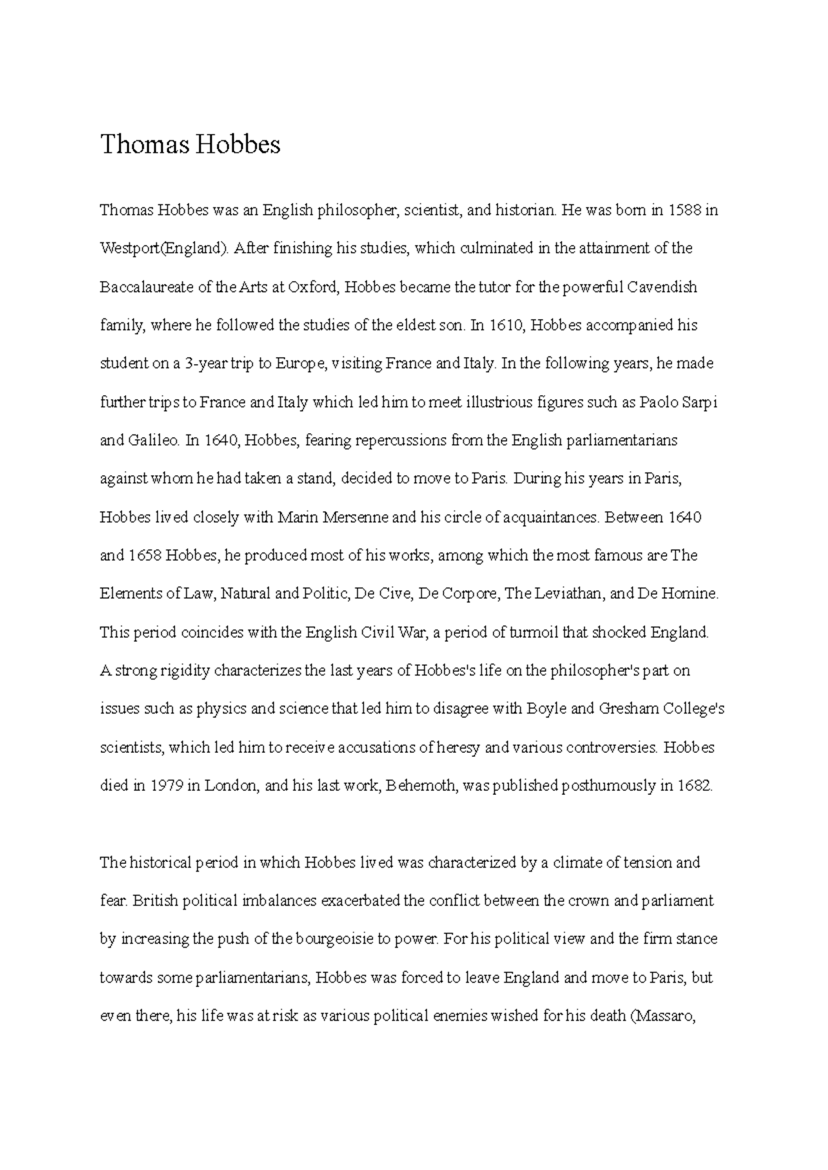 Thomas Hobbes - Pick one of the six listed Realist thinkers and present ...