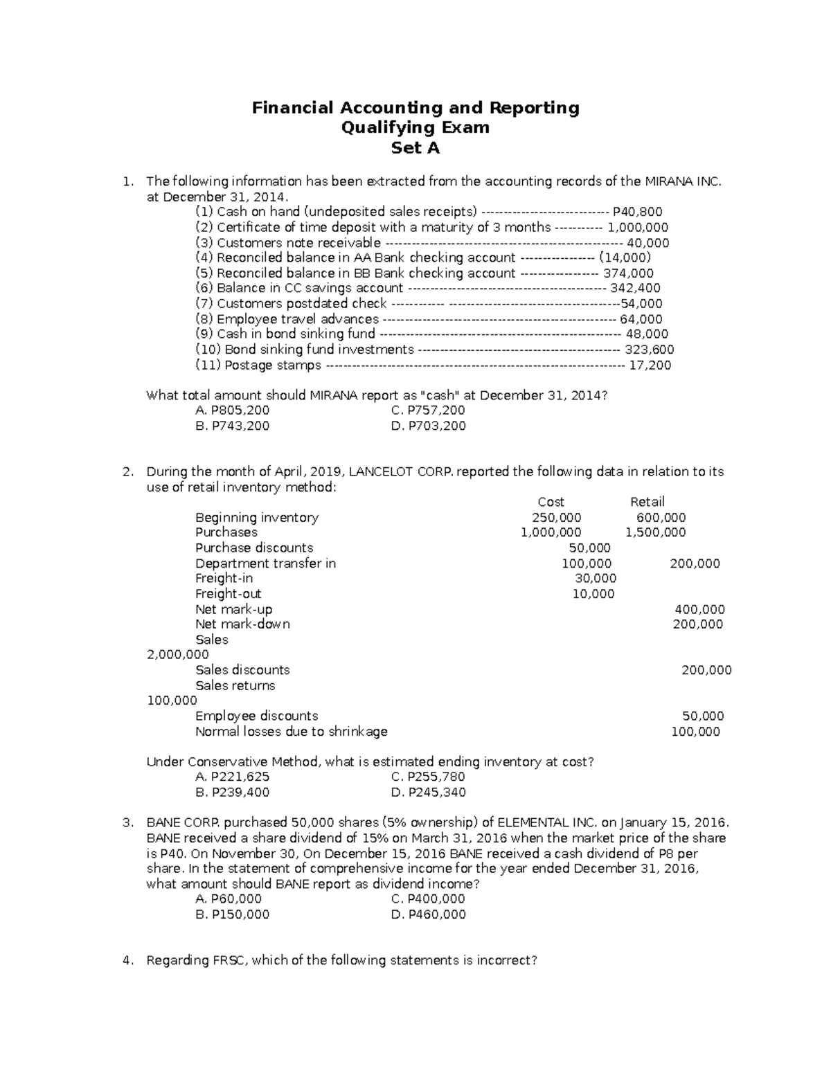 Financial Accounting and Reporting - Qualfying Exam (Set A) - Financial ...