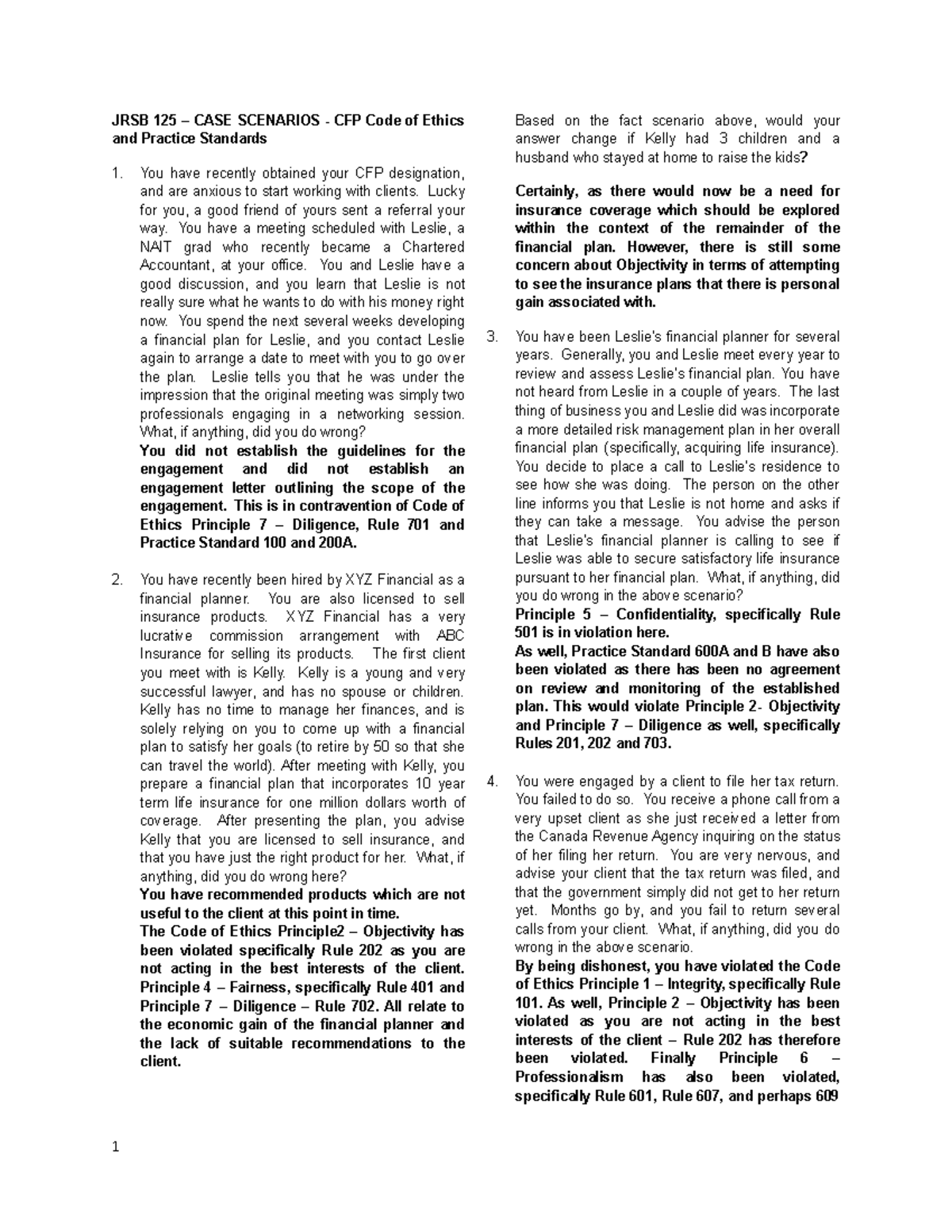 FP Term 1 Reviewer 2 - CASE SCENARIOS - CFP Code of Ethics and Practice ...