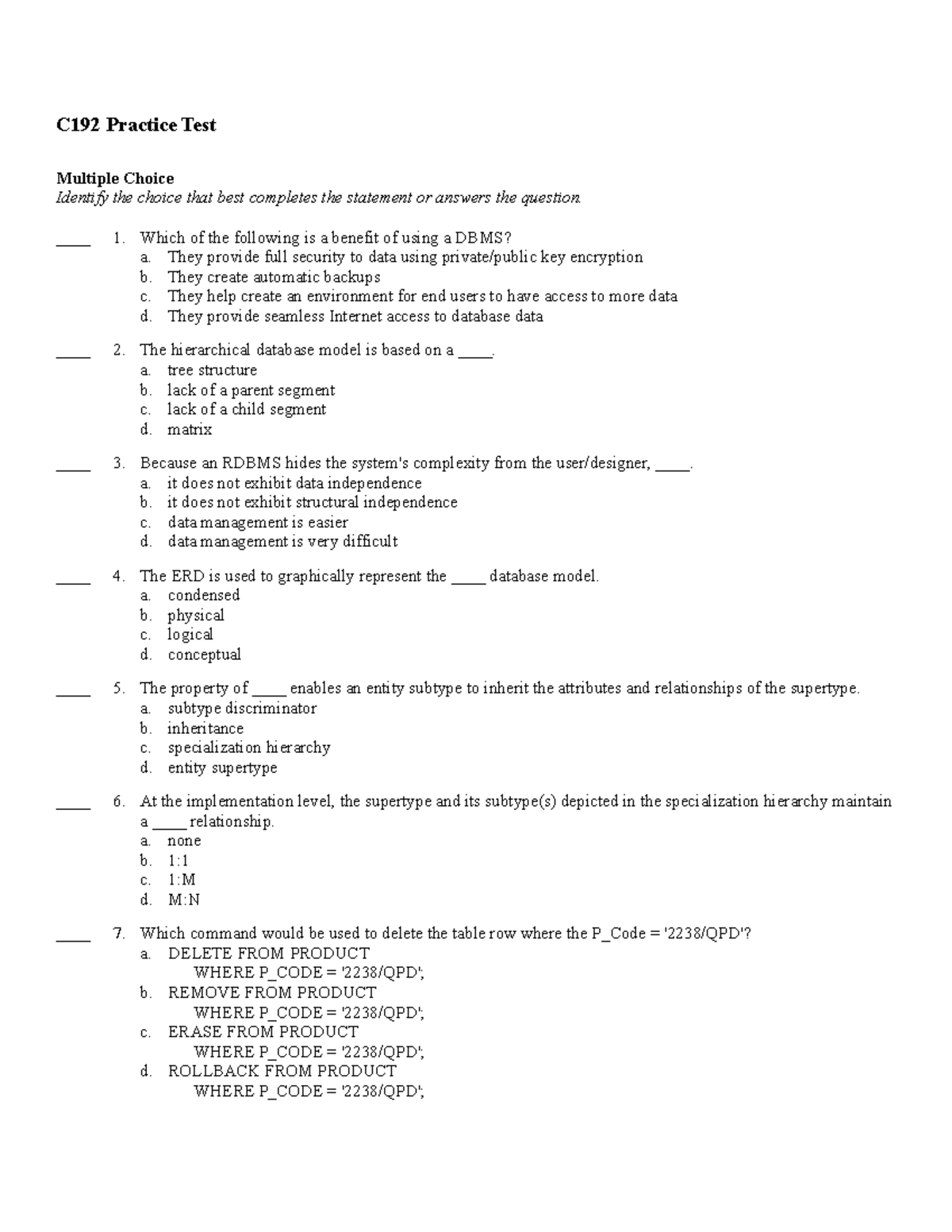 C192 Alternate Practice Test all sections WITH Answer KEY - C192 ...