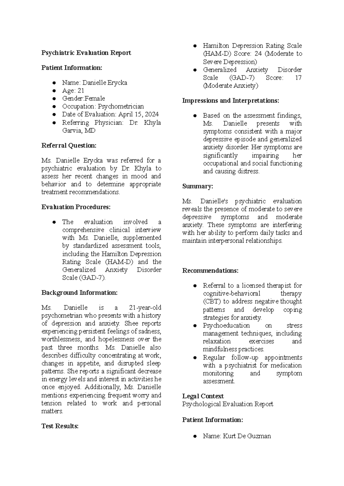 Example-of-Report - notes - Psychiatric Evaluation Report Patient ...