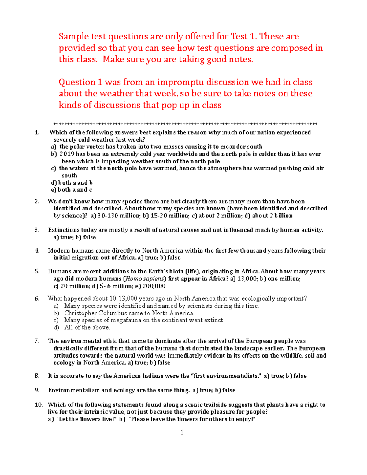 Test 1 Sample Questions Fall - Sample test questions are only offered ...