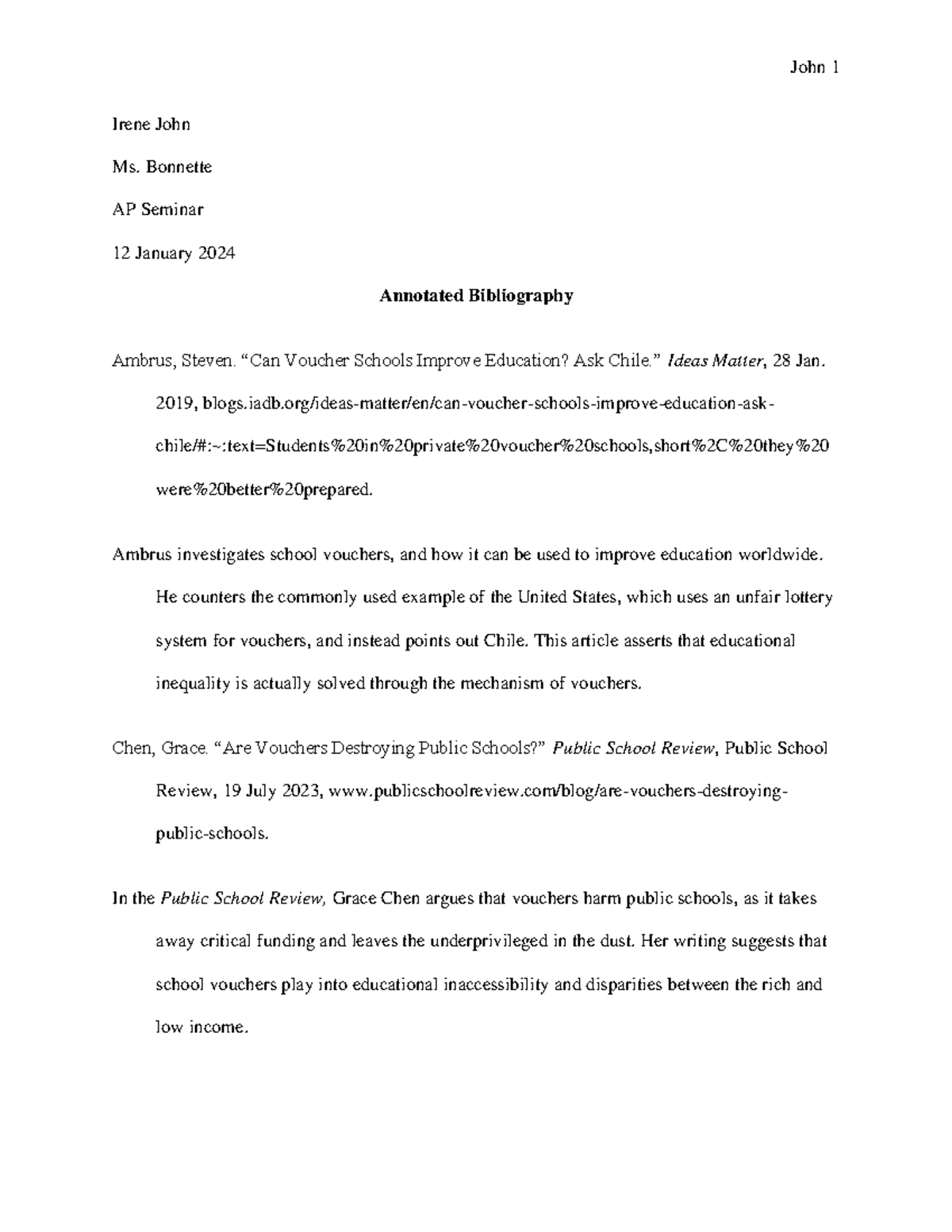 MLA Annotated Bibliography Template - John 1 Irene John Ms. Bonnette AP ...