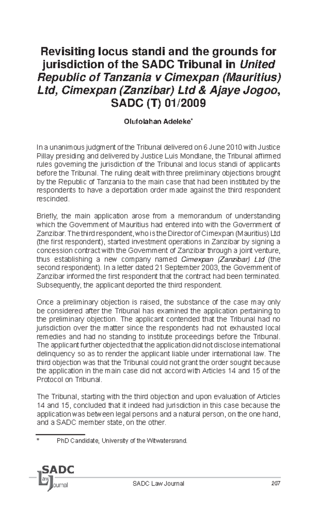 Sadclj-2011 section 12 - SADC Law Journal 207 Revisiting locus standi ...
