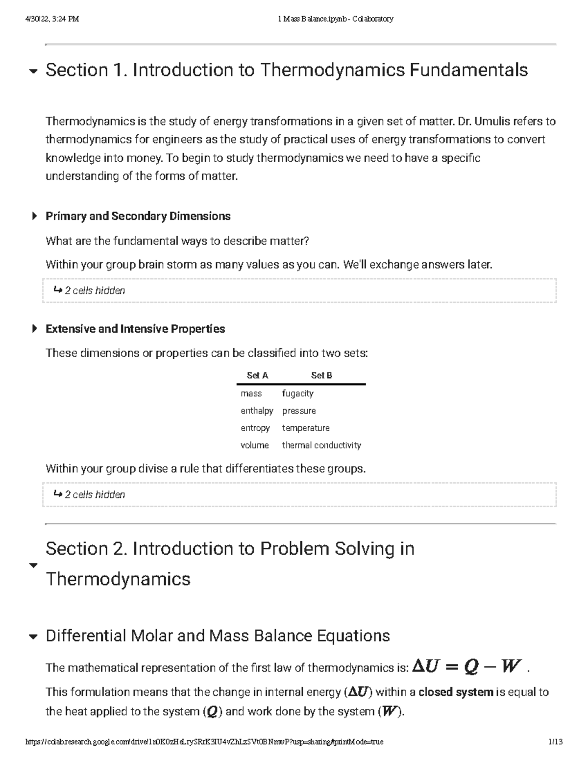 1 Mass Balance.ipynb - Colaboratory - Section 1. Introduction to Thermodynamics Fundamentals ...