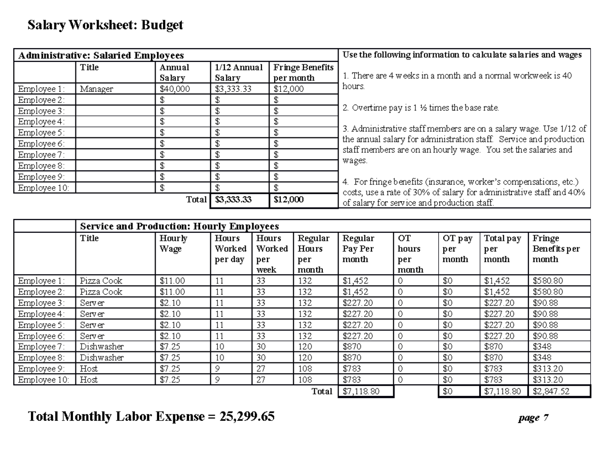 Pizza Factory Project Pages 5, 7, 11 - Salary Worksheet: Budget ...