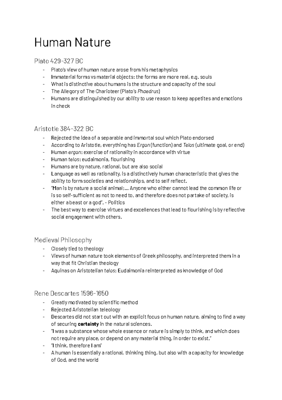 PHIL1031 - lecture notes - Human Nature Plato 429-327 BC Plato’s view ...