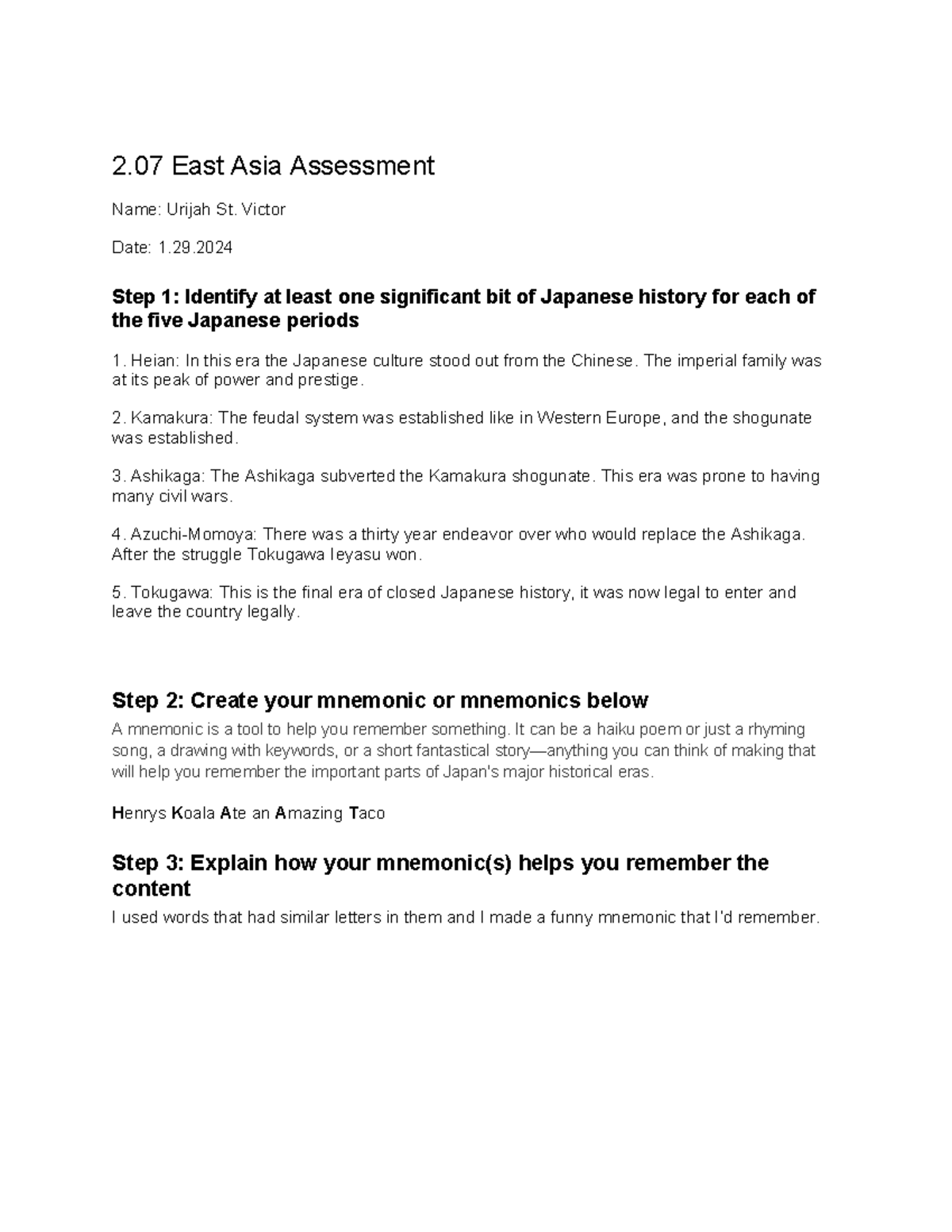 Copy of 2.07 V23 East Asia - 2 East Asia Assessment Name: Urijah St ...
