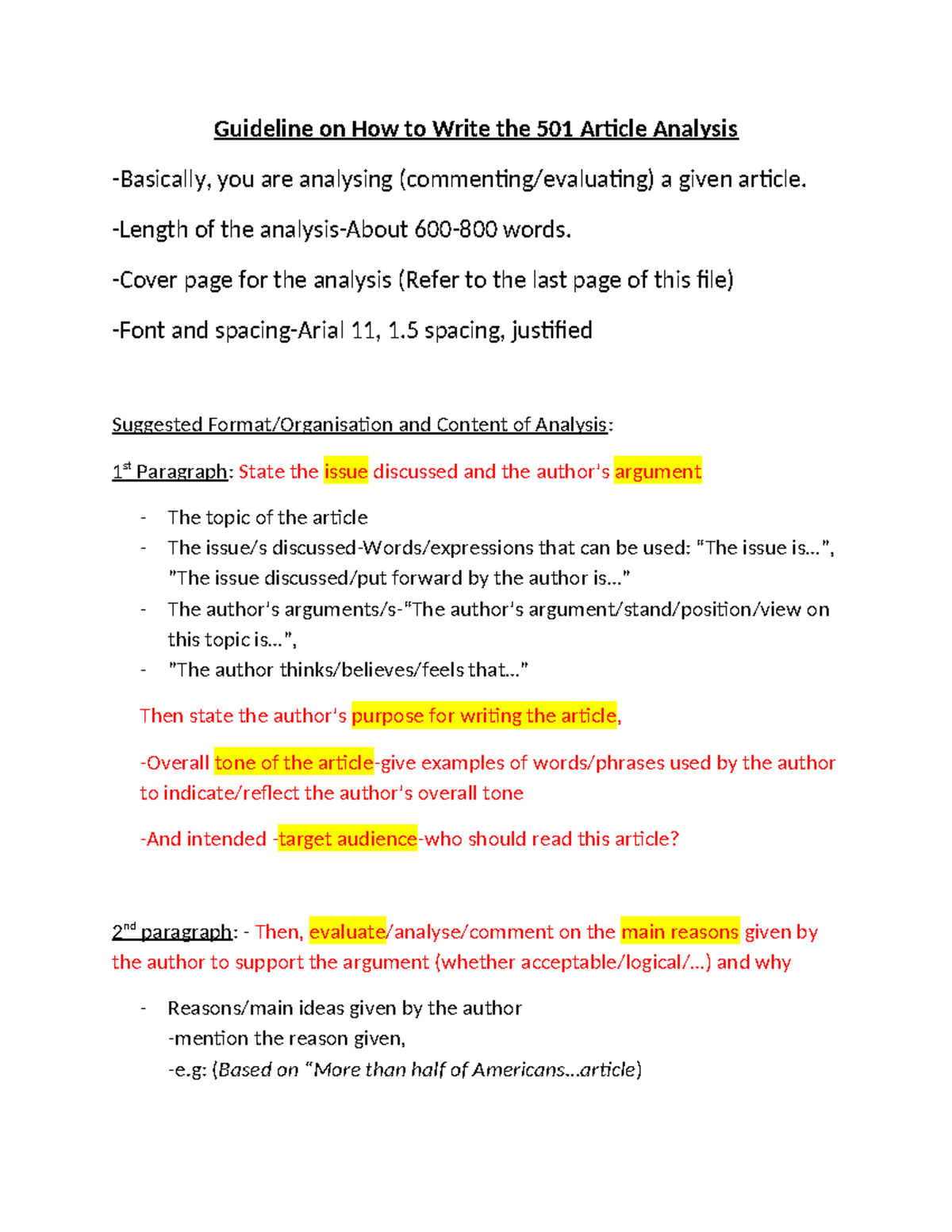 ELC501 Guidelines on How to Write the Article Analysis - Guideline on ...