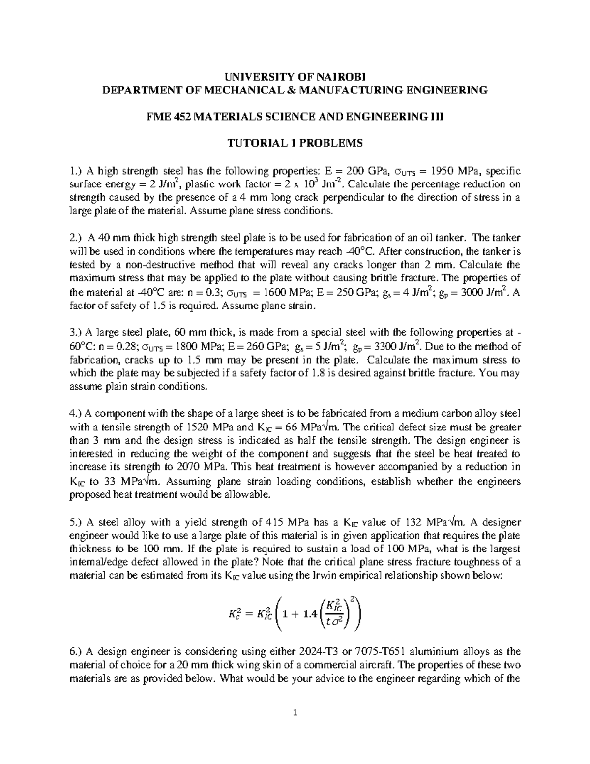 Problems IN LEFM - Fracture mechanics - 1 UNIVERSITY OF NAIROBI ...
