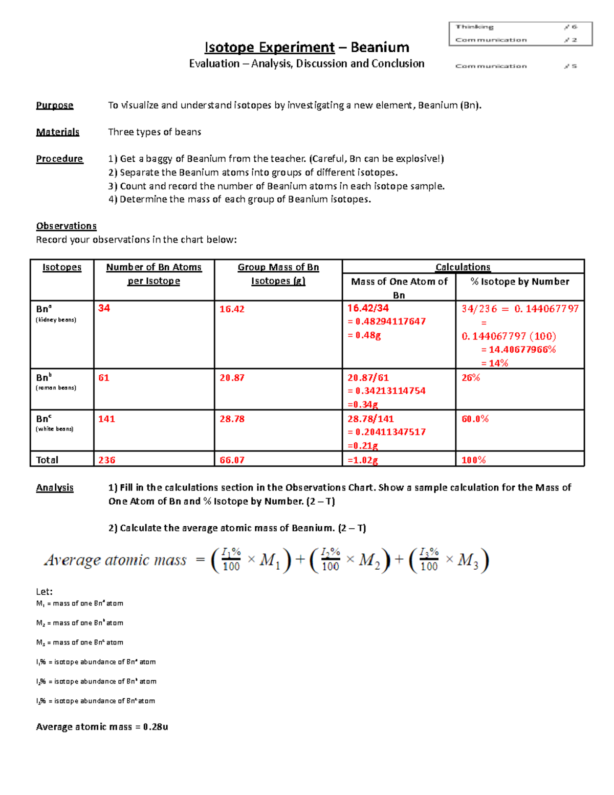 Beanium Lab - lab report - Isotope Experiment – Beanium Evaluation ...
