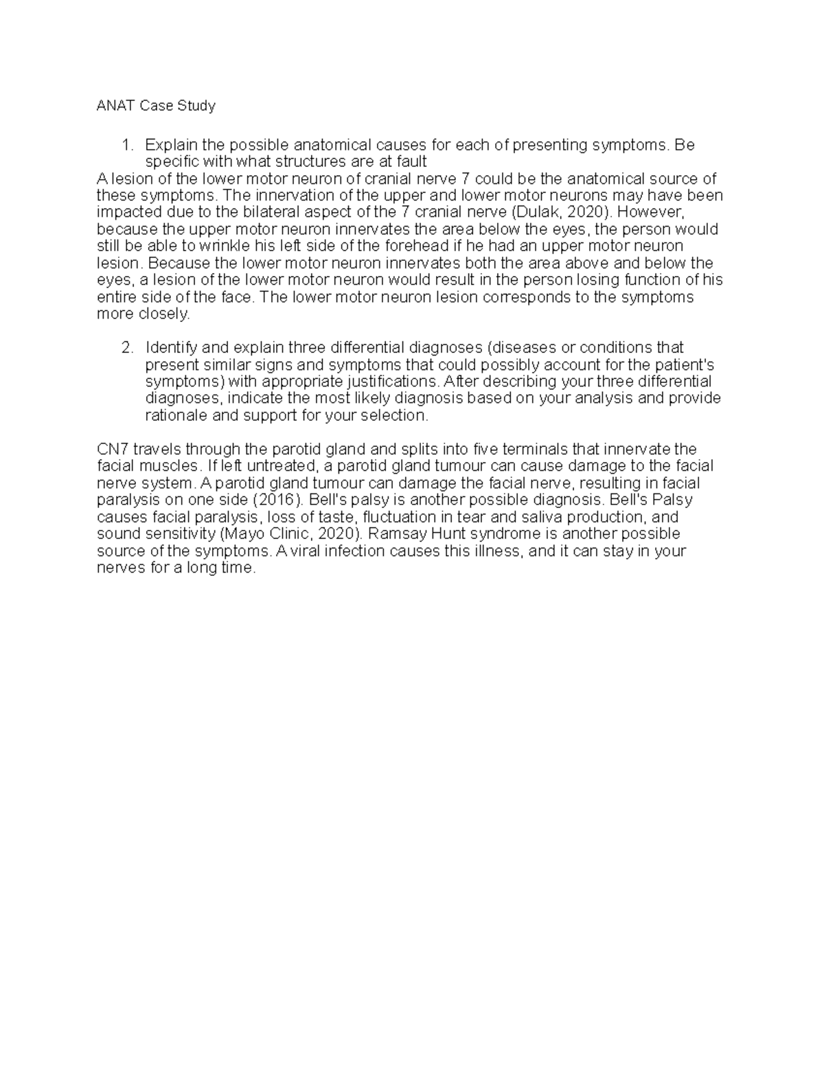 ANAT Case Study - ANAT Case Study Explain the possible anatomical ...