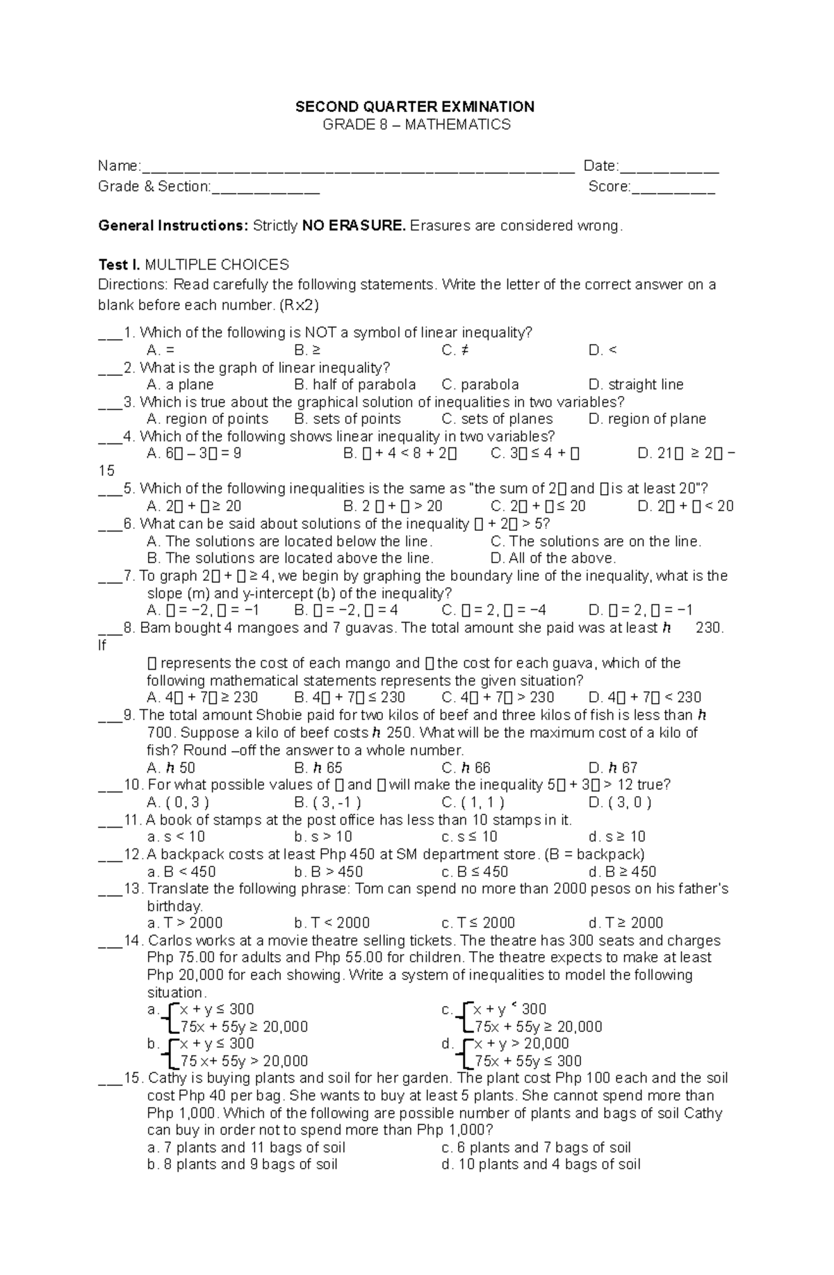 2nd qurarter math 8 exam - SECOND QUARTER EXMINATION GRADE 8 ...