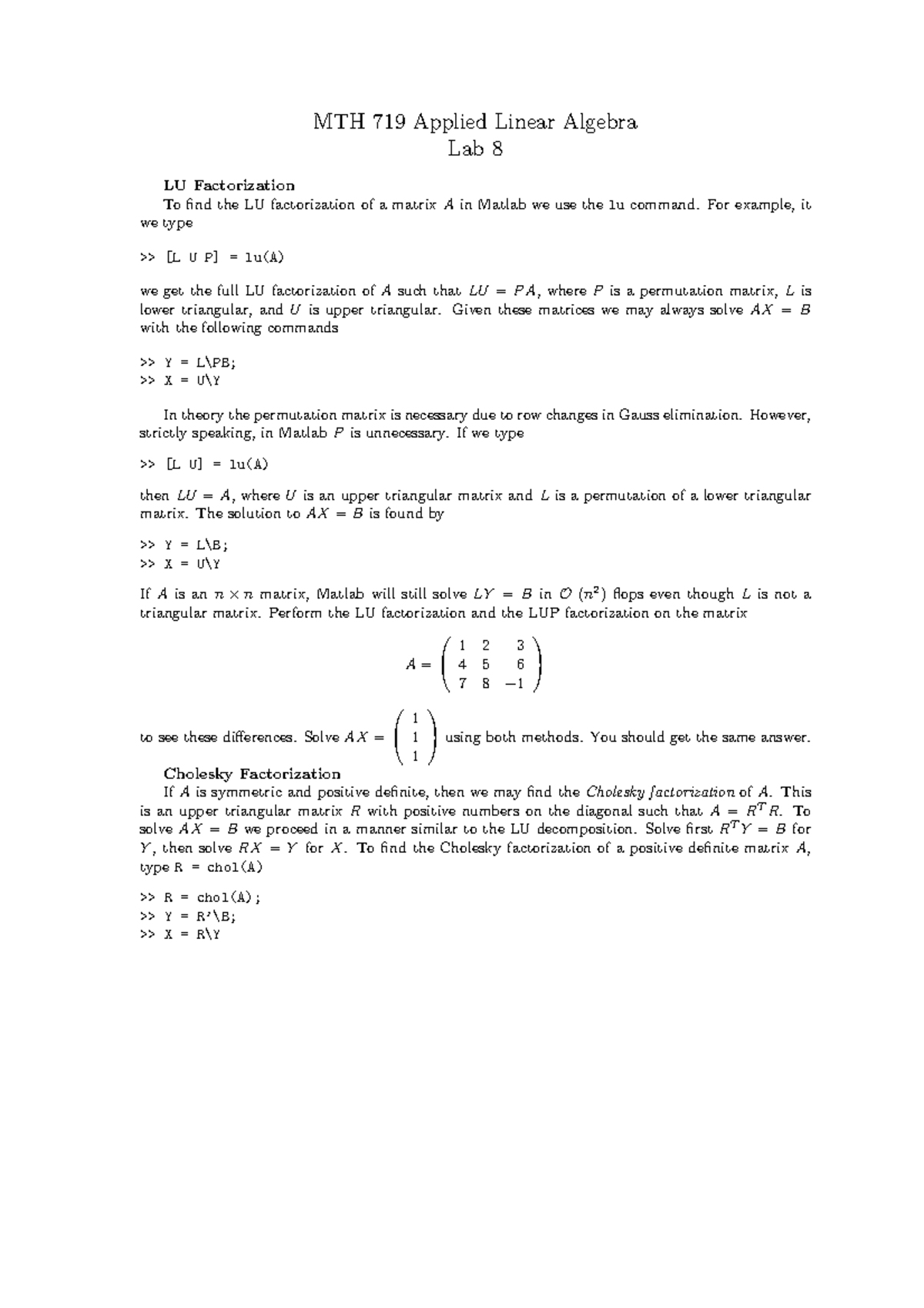 MTH719Lab8 W17 - MTH719 notes - MTH 719 Applied Linear Algebra Lab 8 LU ...