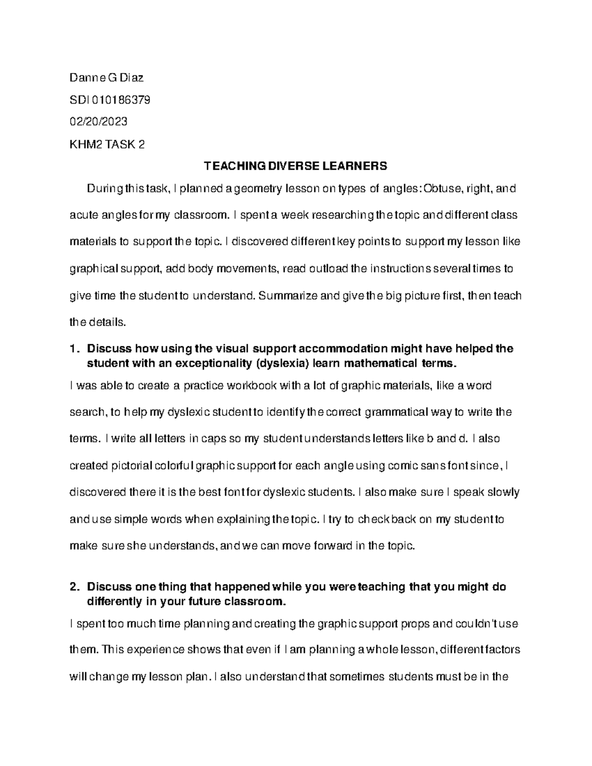 KHM2 TASK 2 - Classwork task 2 - Danne G Diaz SDI 010186379 02/20/ KHM2 ...