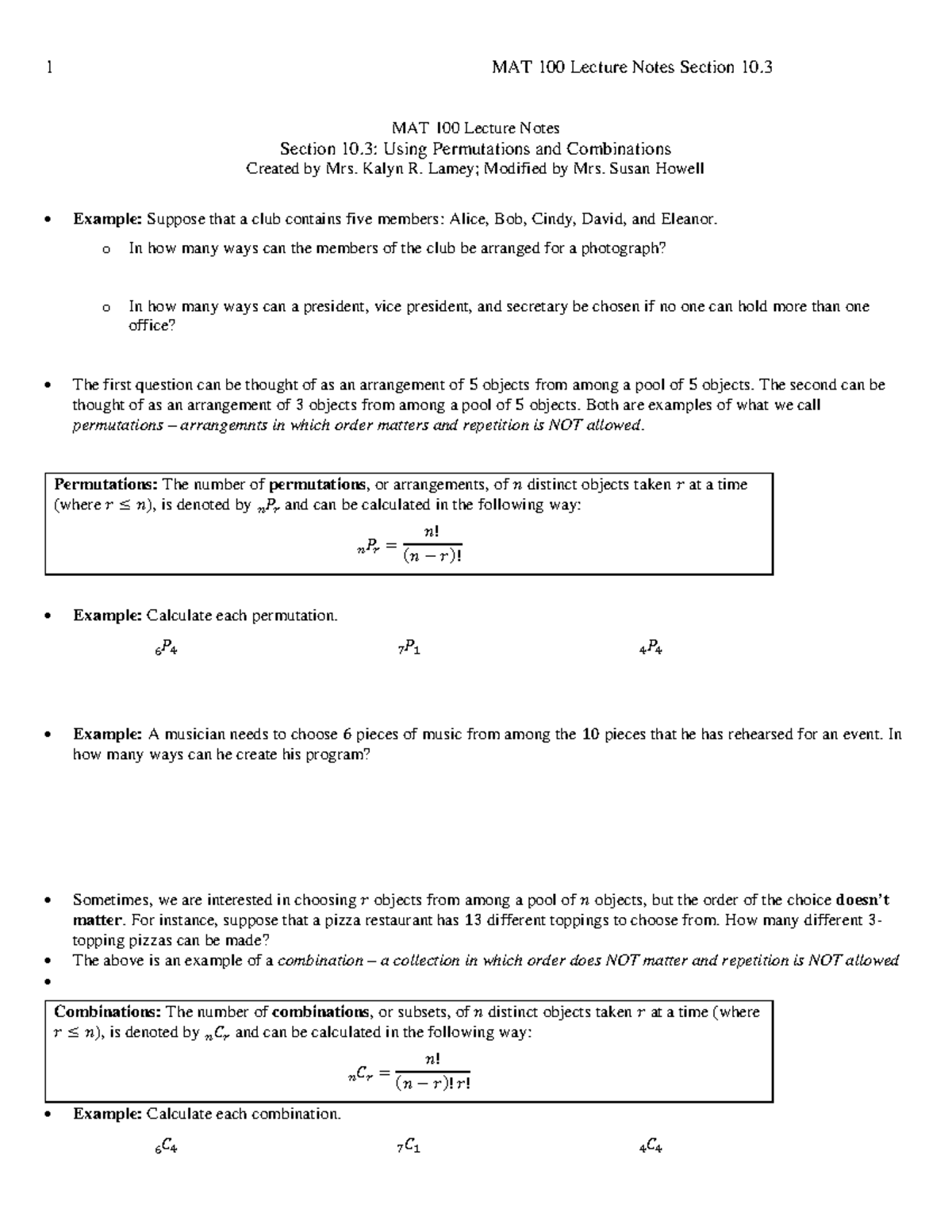 MAT 100 Lecture Notes 10 - 1 MAT 100 Lecture Notes Section 10 MAT 100 ...