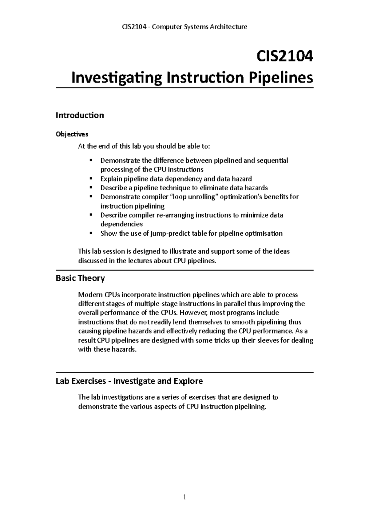 E09 Investigating Instruction Pipelining 2 Cis2104 Computer Systems Architecture Cis2104