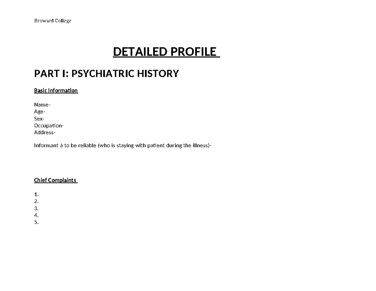 Detailed Profile - outline - DETAILED PROFILE PART I: PSYCHIATRIC ...