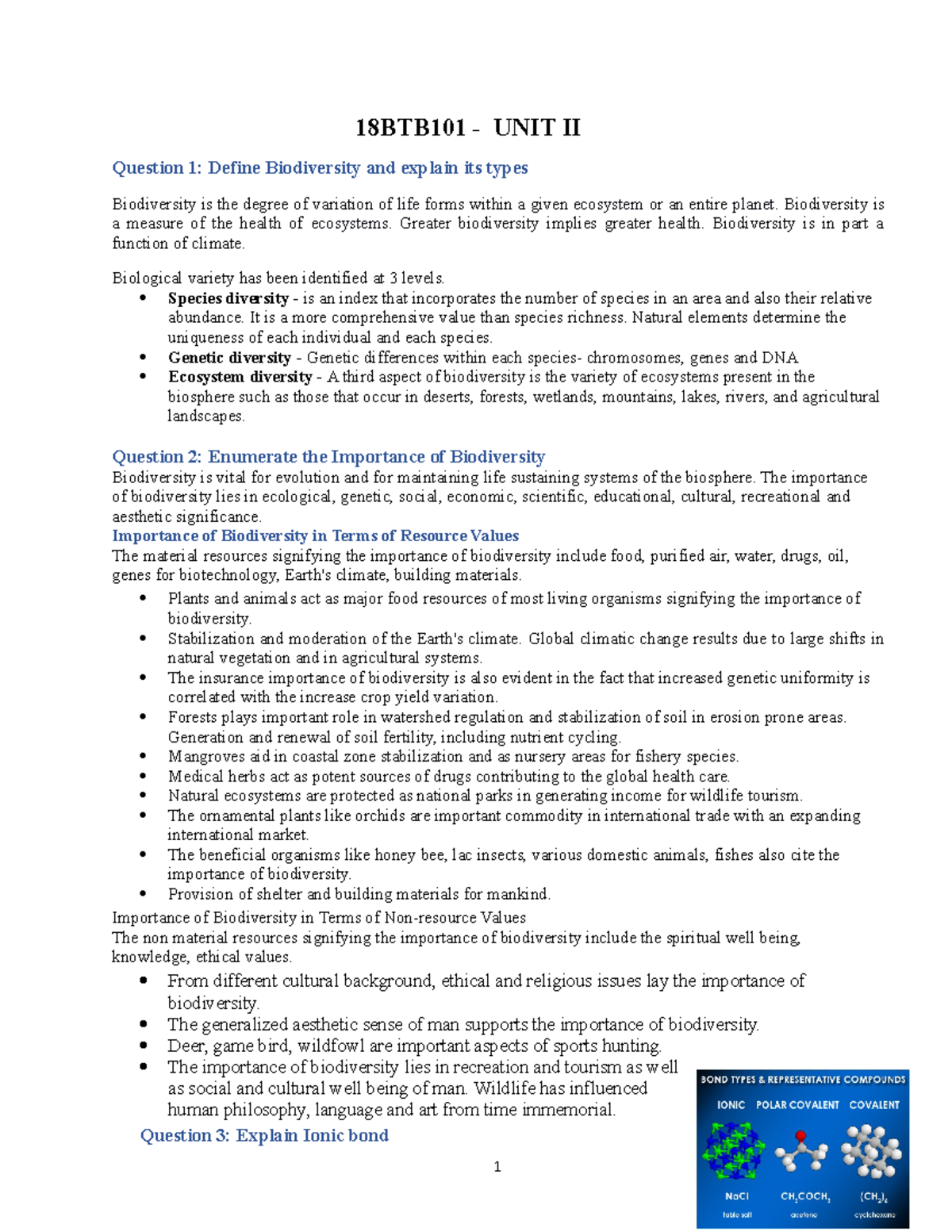 Biology UNIT 2 - 18BTB101 - UNIT II Question 1: Define Biodiversity and ...