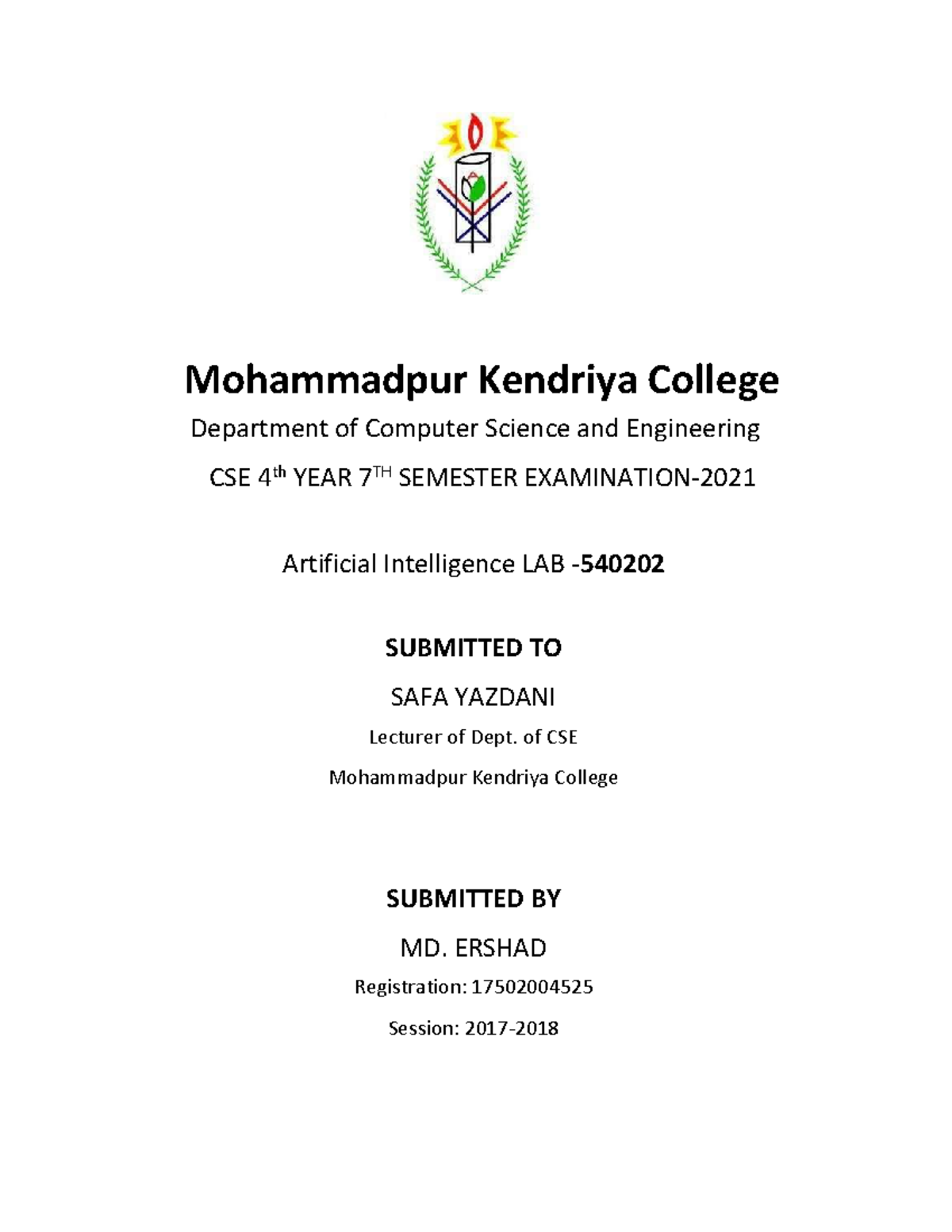 Ai quiz part semester 6 - Mohammadpur Kendriya College Department of ...
