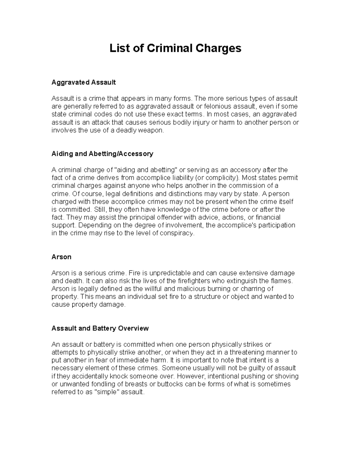 List of Criminal Charges - List of Criminal Charges Aggravated Assault ...