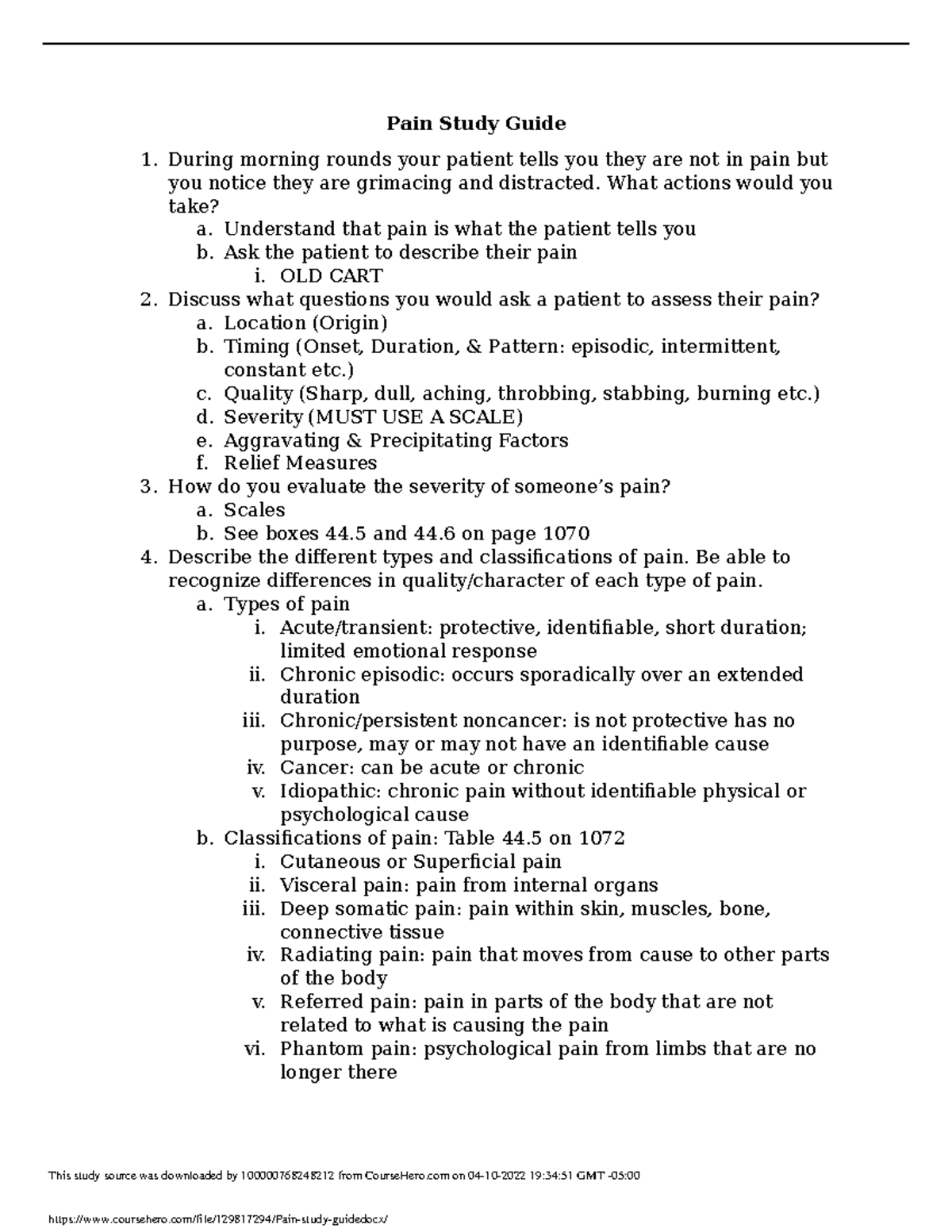 Pain study guide, pain managment - NURS 220 - Studocu
