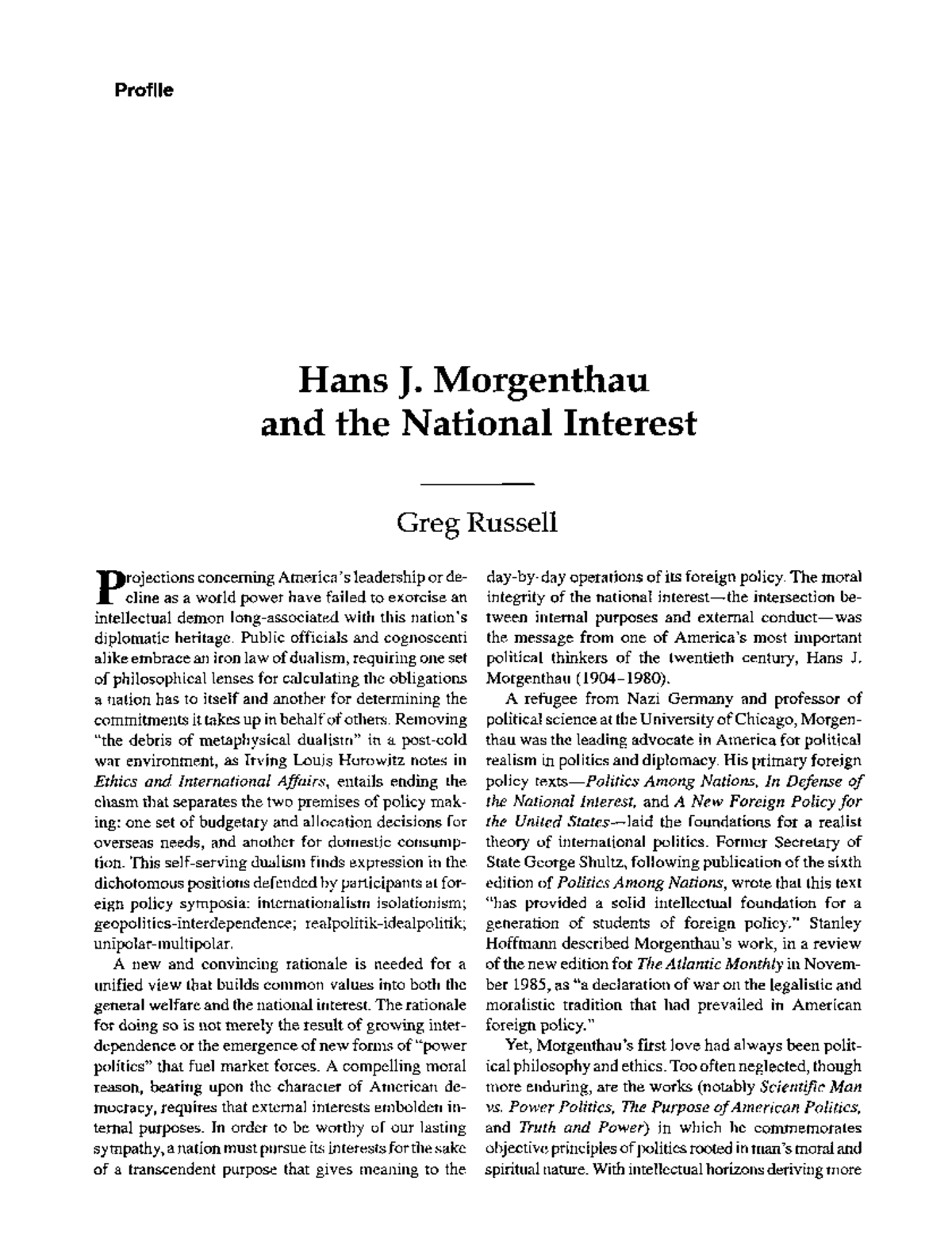 National Interest by Greg Russel - Profile Hans J. Morgenthau and the N ...