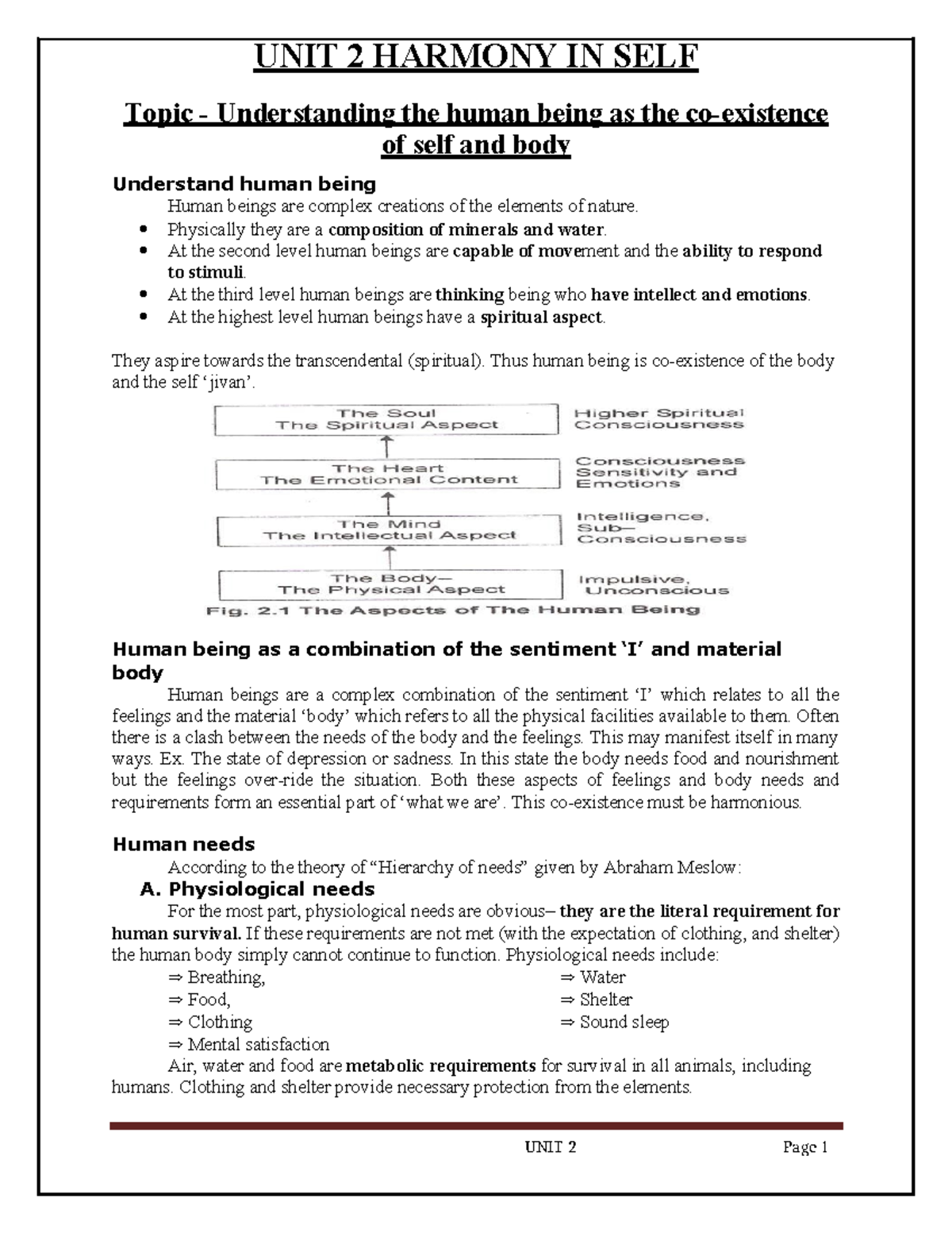 Unit-2 notesuhv - note - UNIT 2 HARMONY IN SELF Topic - Understanding ...