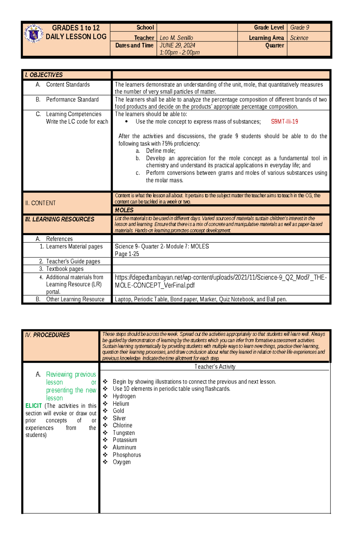 G10 MOLE - LESSON PLANNING - GRADES 1 to 12 DAILY LESSON LOG School ...