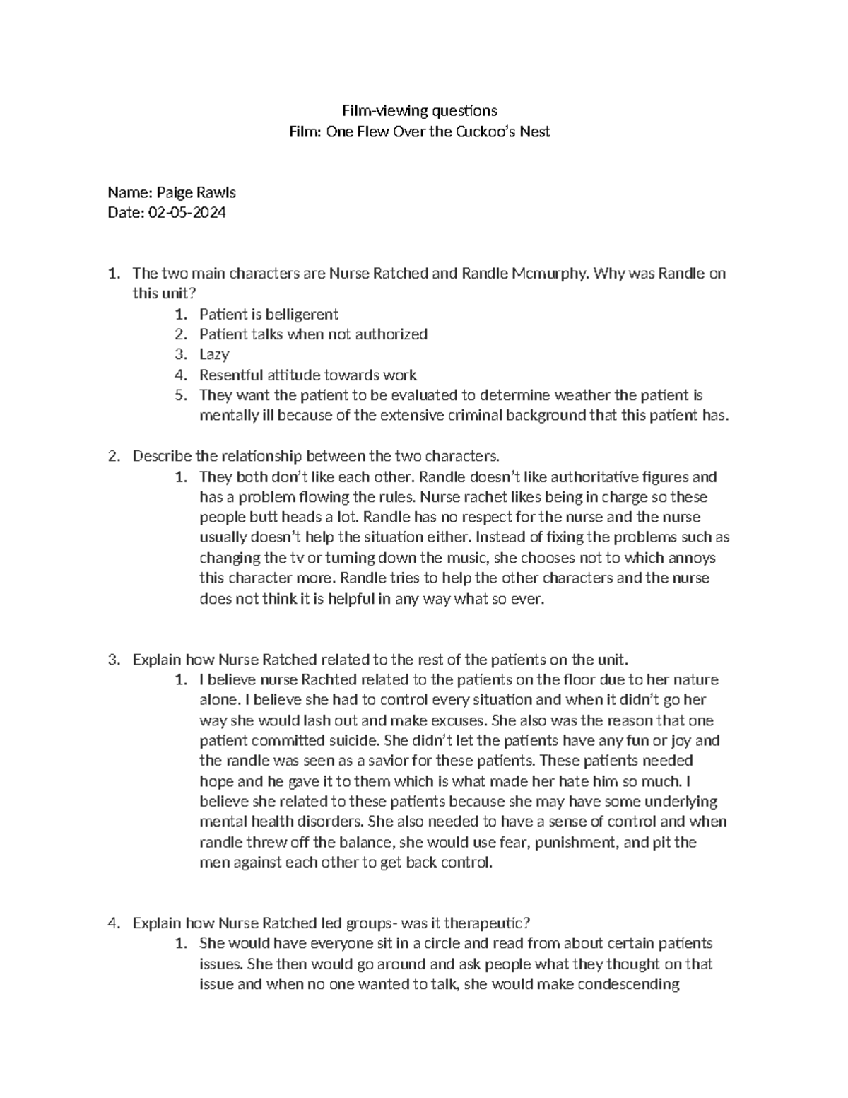 One flew over... Film viewing questions - paige rawls - Film-viewing ...