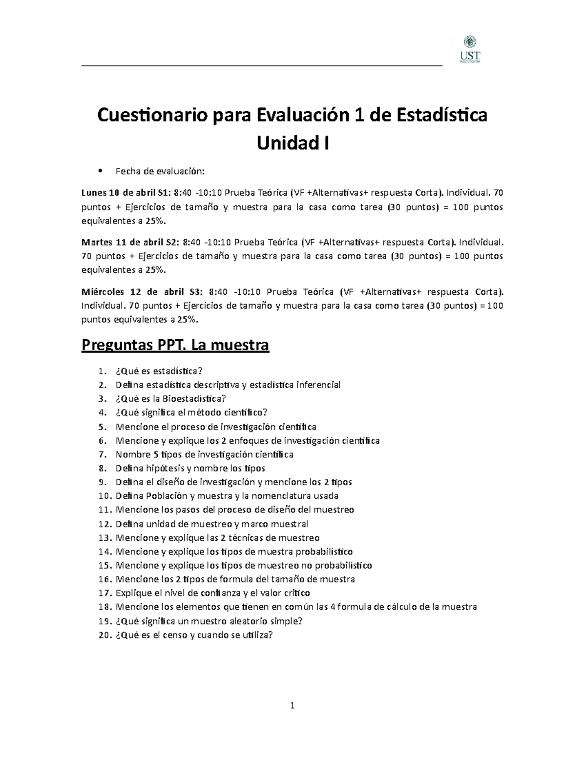 Cuestionario para Evaluaci Ã³n 1 de Estad Ã stica Unidad I - Cuestionario para Evaluación 1 de ...