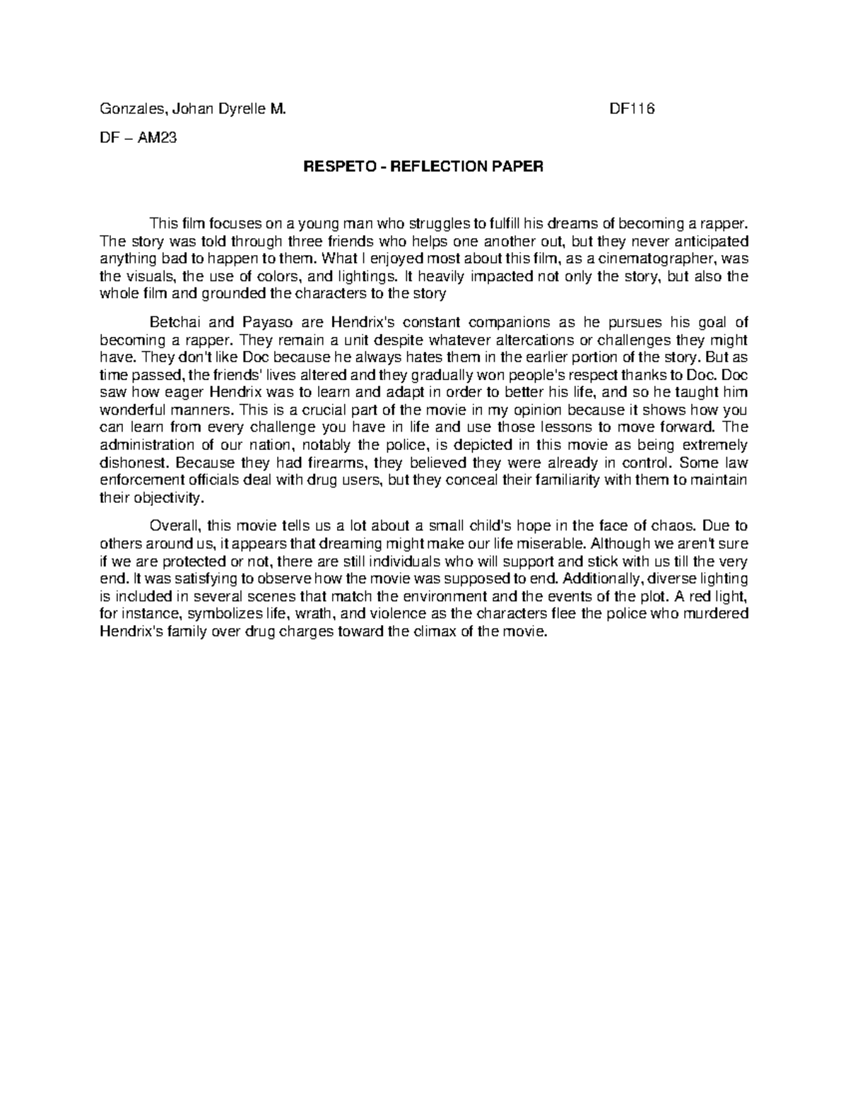 Respeto- Reflectionpaper - Gonzales, Johan Dyrelle M. DF DF – AM ...