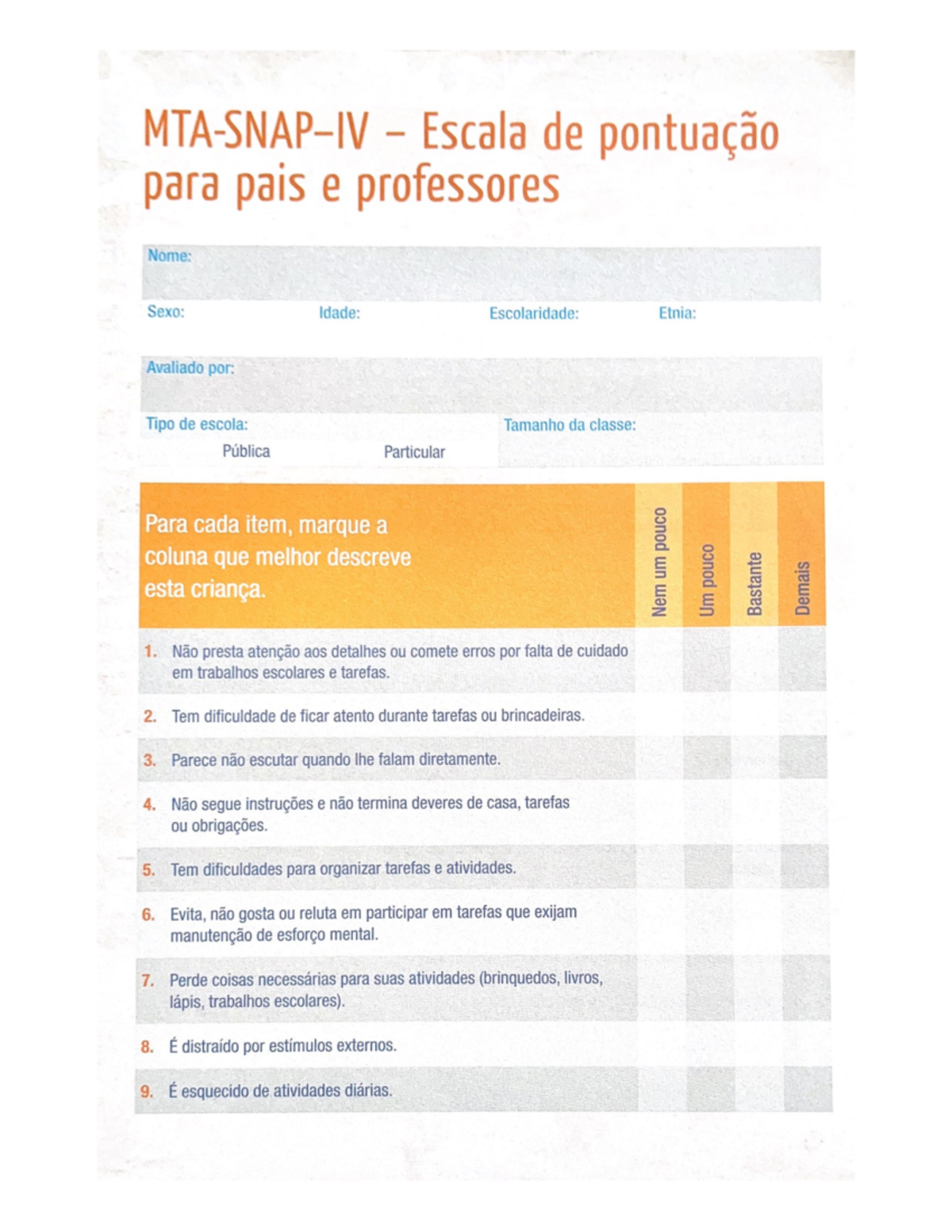 MTA-SNAP-IV - Escala de pontuação - Escala de pontuação para pais e ...