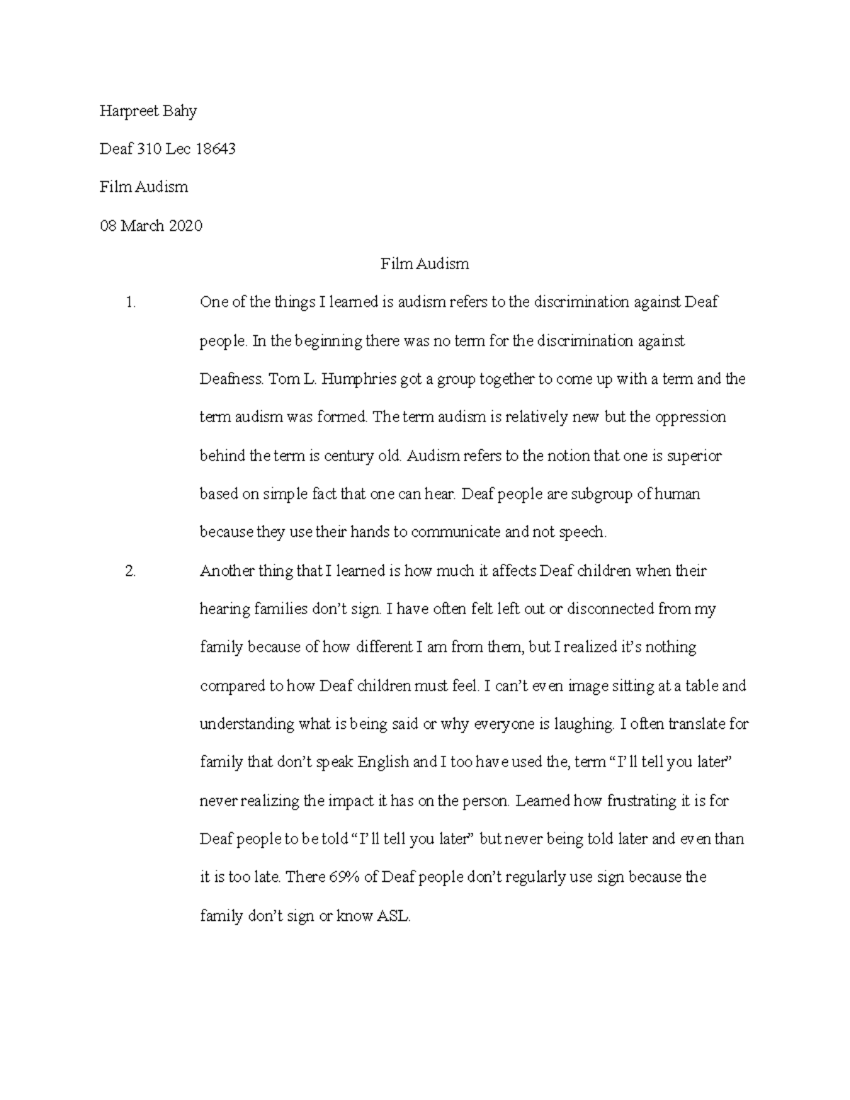 Audism - notes on movie - Harpreet Bahy Deaf 310 Lec 18643 Film Audism ...