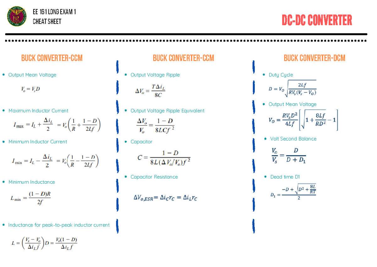EE 161 Cheat sheet LE2 - Helpful Formula for converters - EE 161 Long ...
