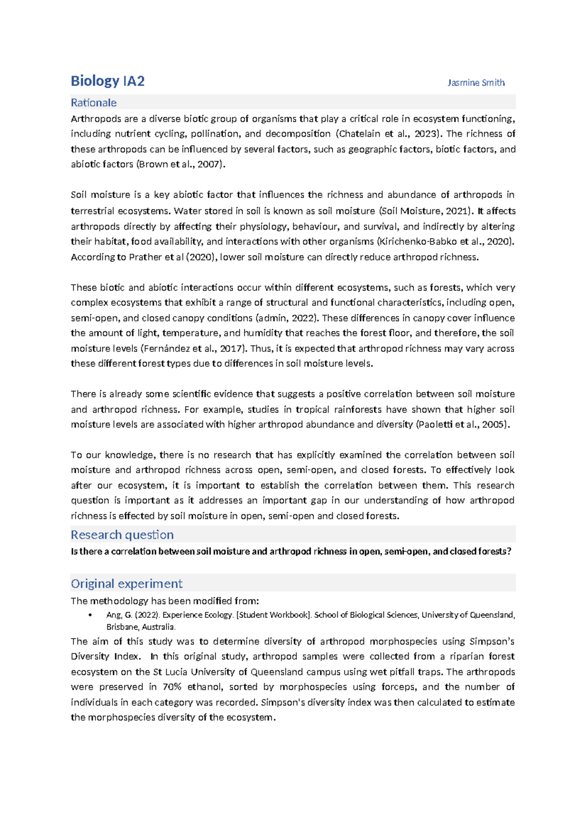 Biology IA2 - final - Biology IA2 Jasmine Smith Rationale Arthropods ...