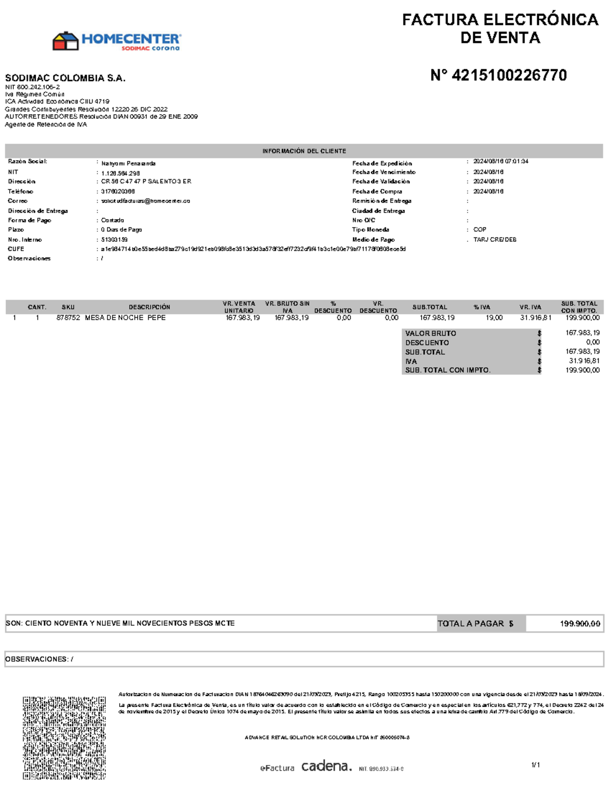 Factura electrónica 4215100226770 - FACTURA ELECTRÓNICA DE VENTA ...