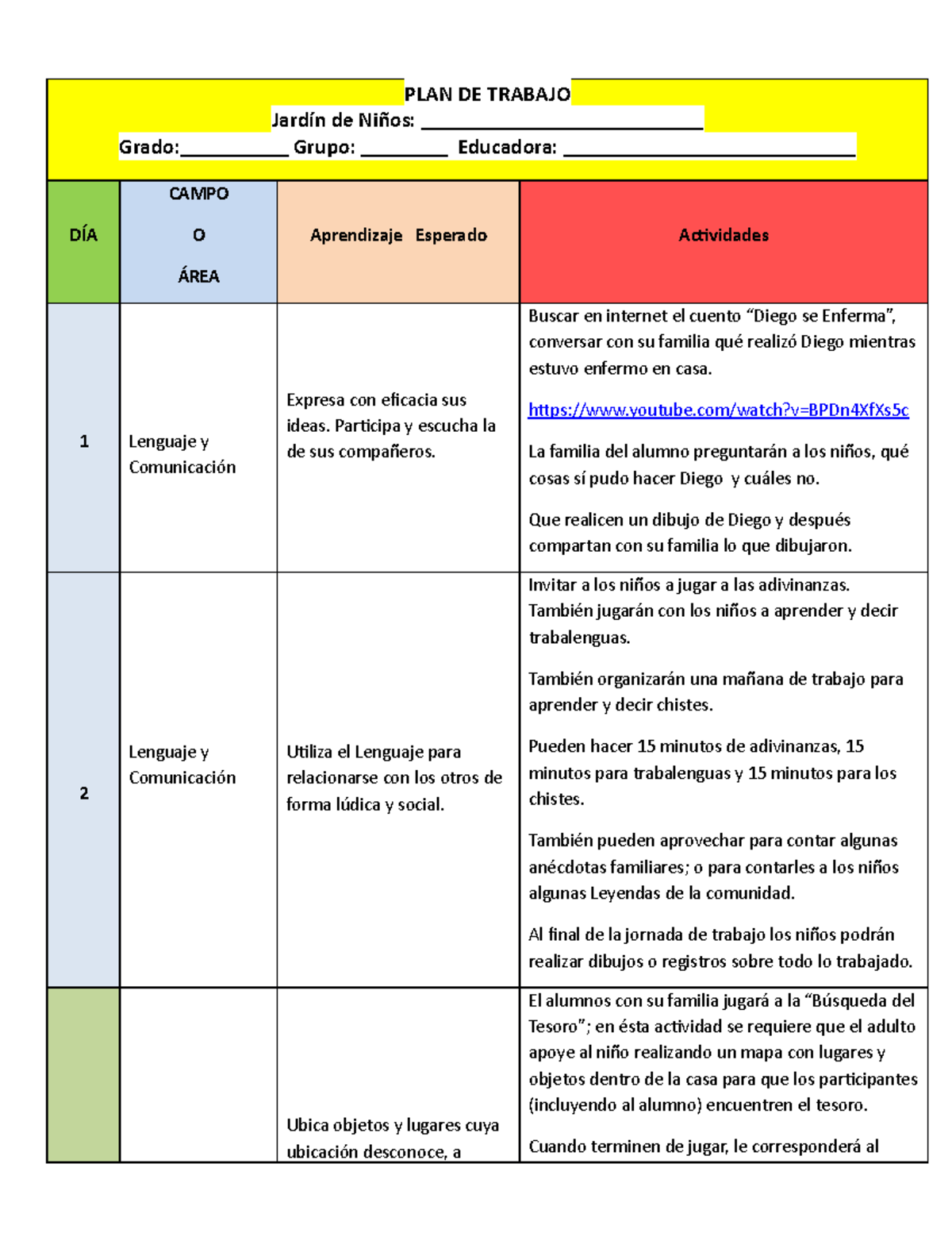 Planeación Primero Preescolar - PLAN DE TRABAJO Jardín de Niños